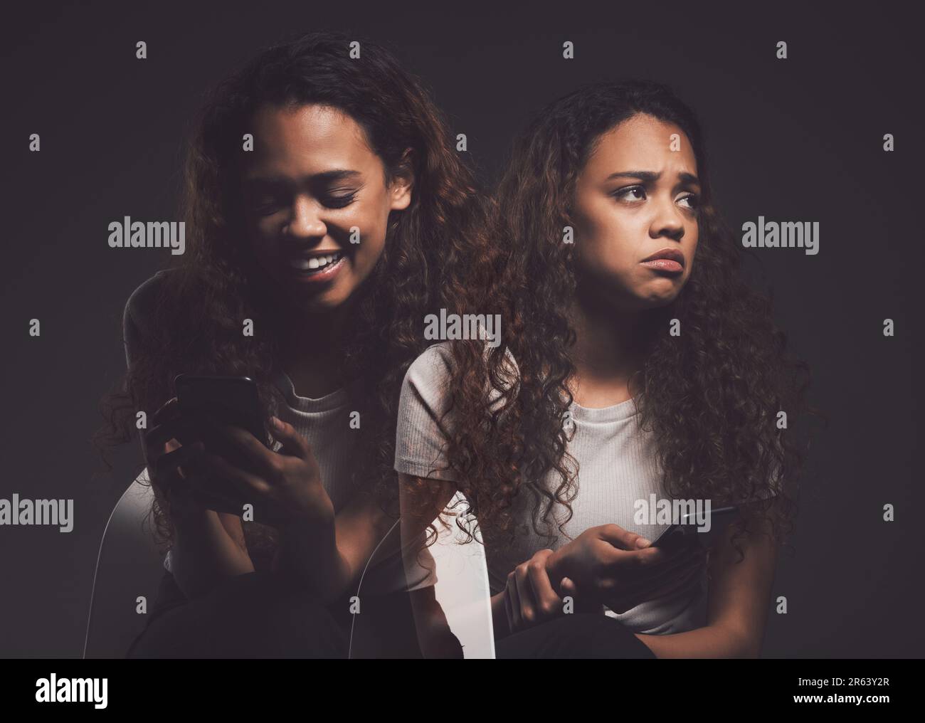 Mental health, phone and woman in studio on social media with stress ...