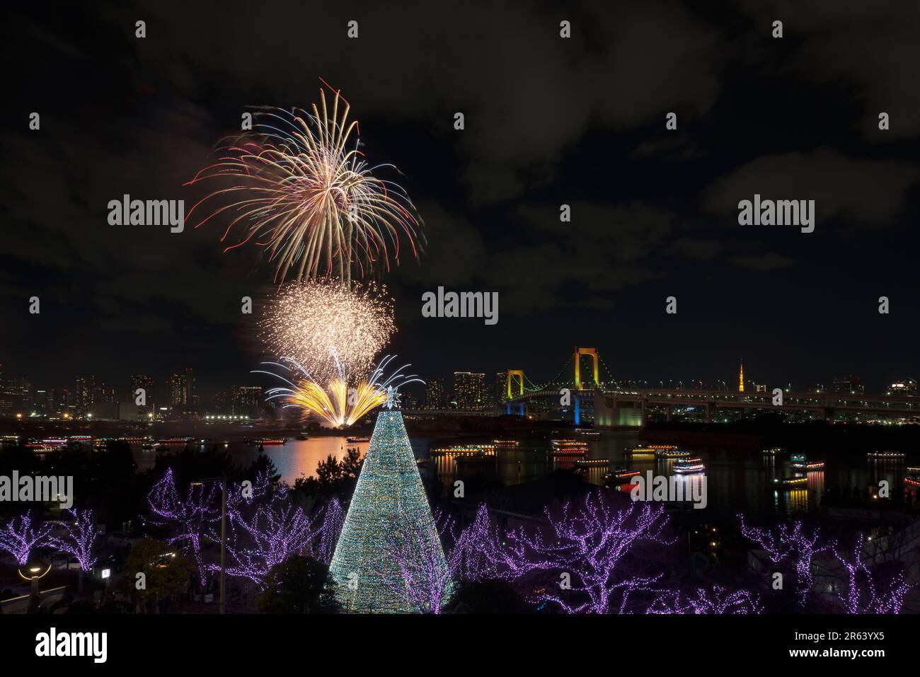 Odaiba Rainbow Fireworks and Daiba Memorial Tree Stock Photo - Alamy