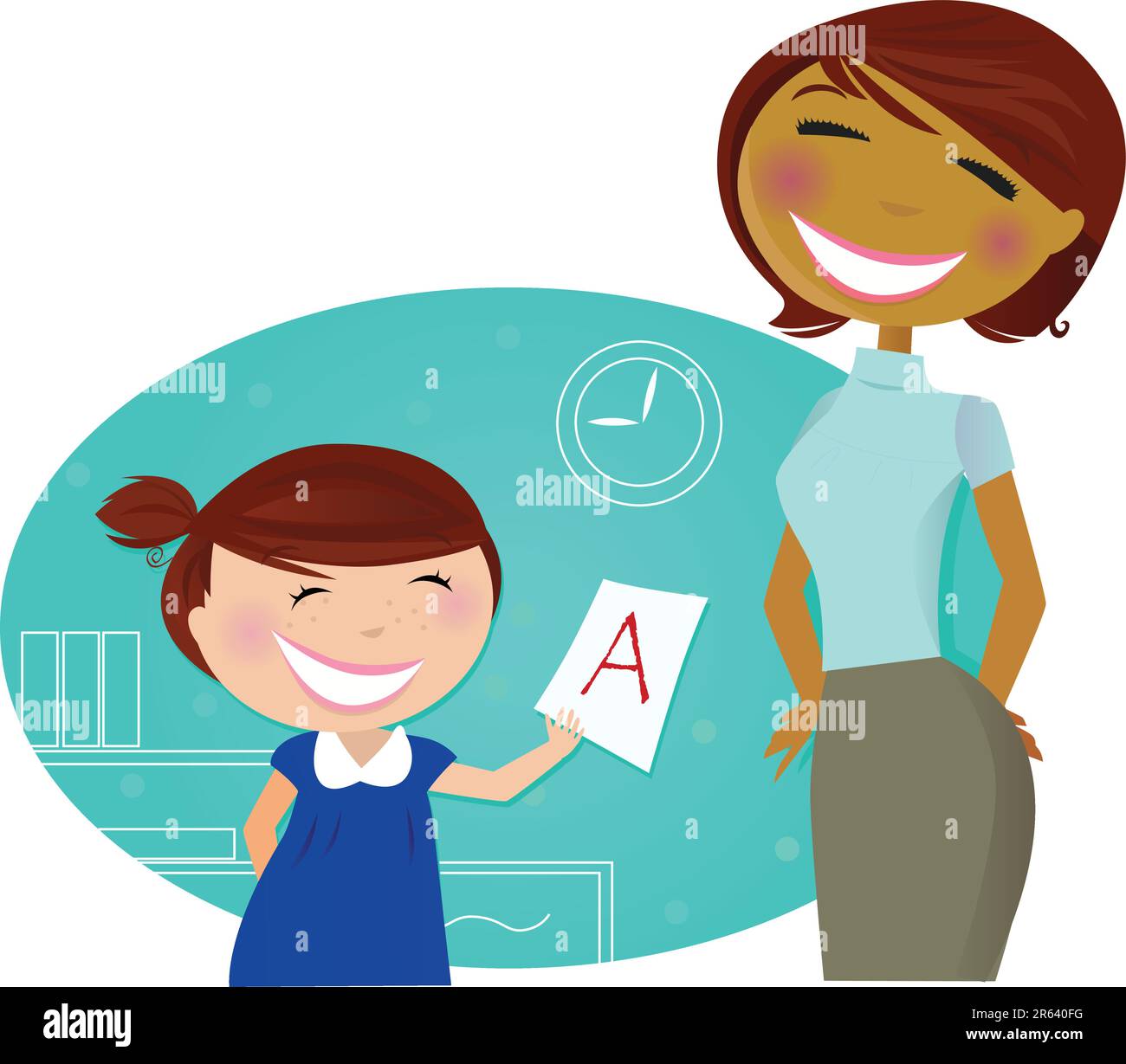 Small Girl Showing Good Grade To Her Mother Teacher Aunt Stylized