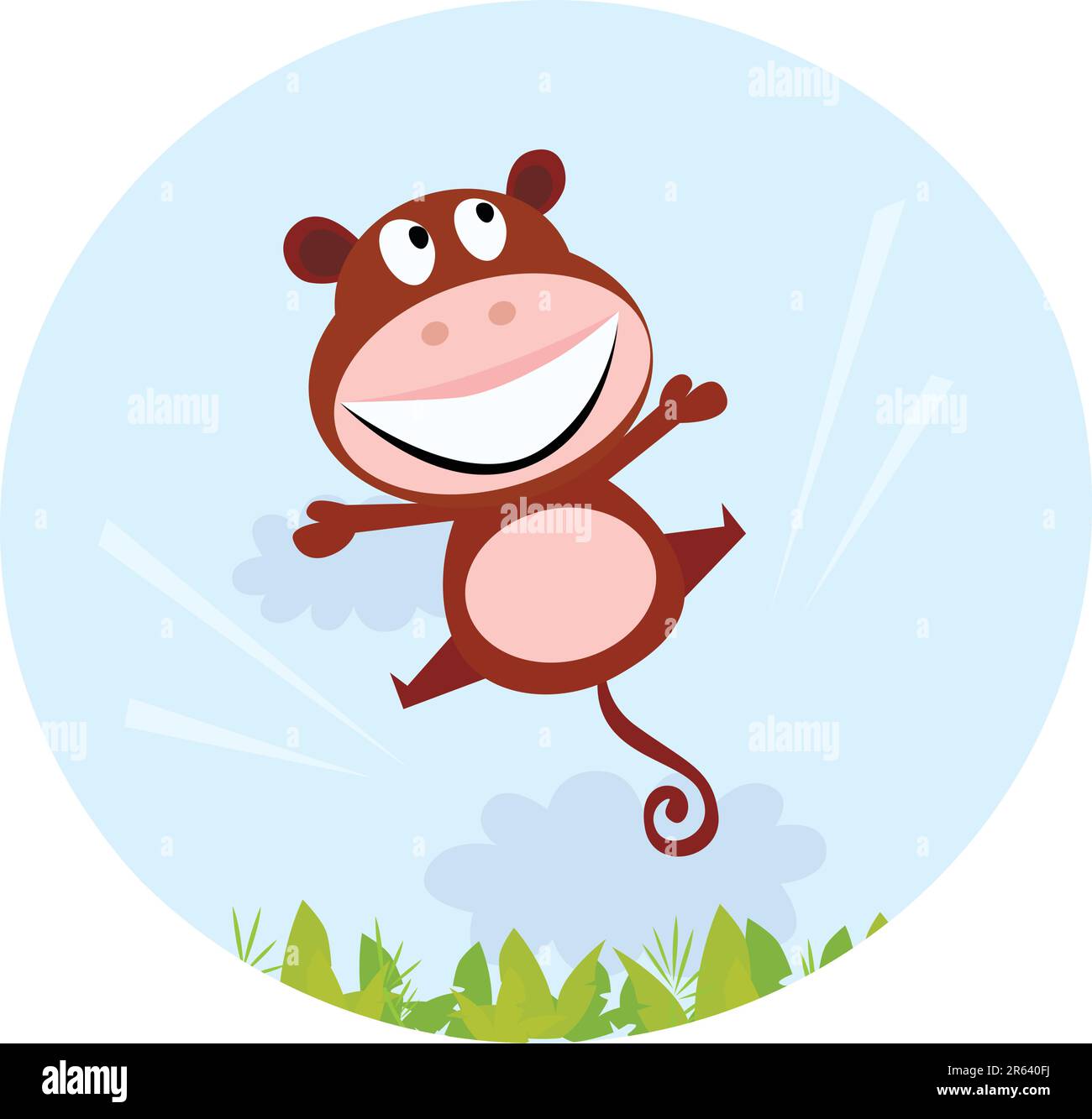 Cute brown monkey jump in the air. African rain forest in background ...