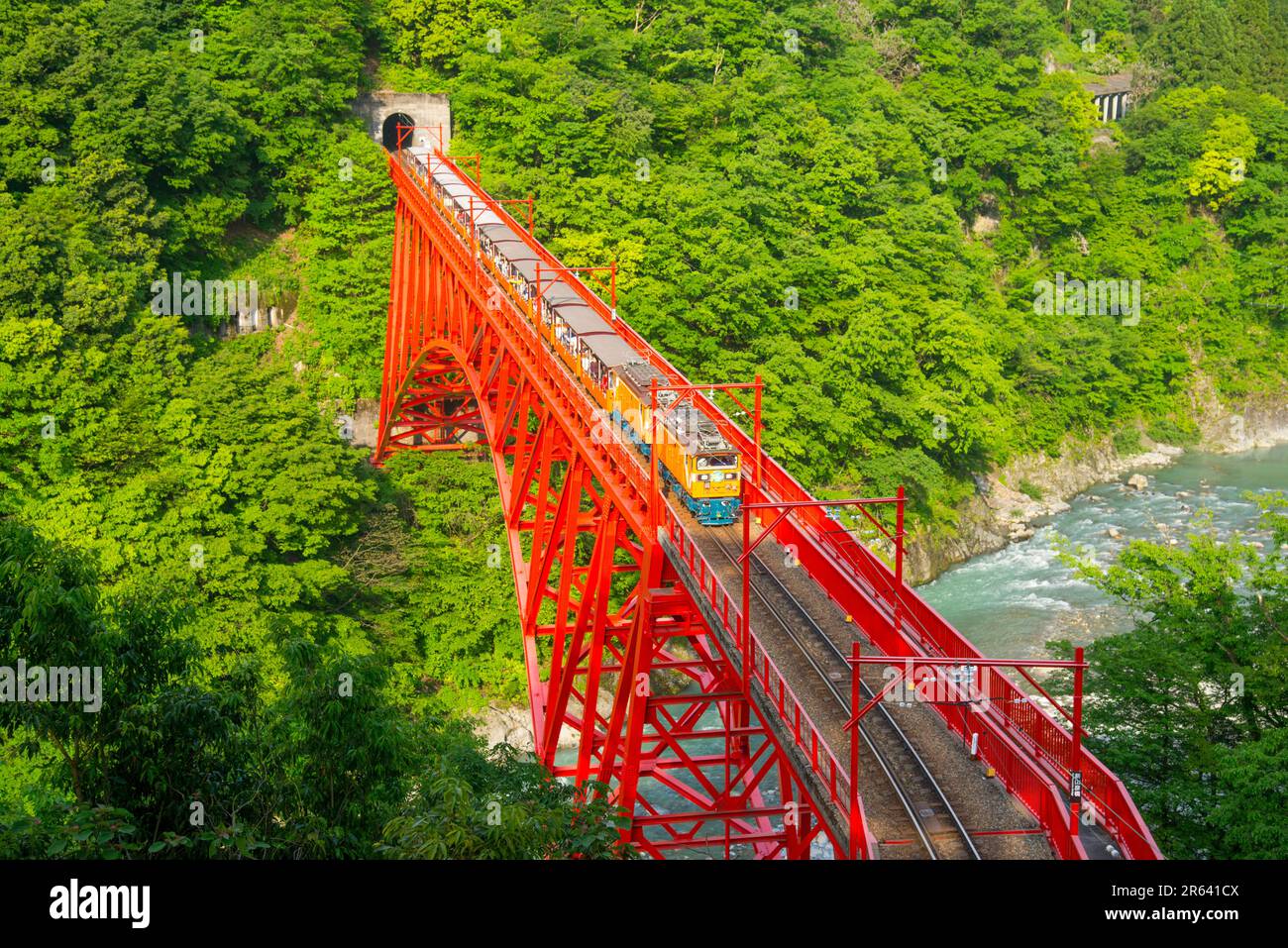 Kurobe Valley trolley car crossing the Shin Yamahiko Bridge Stock Photo ...