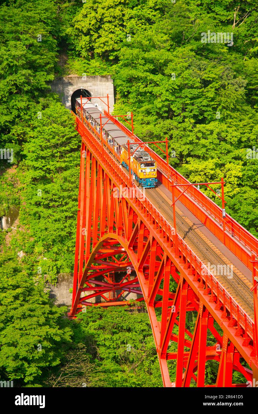 Kurobe Valley trolley car crossing the Shin Yamahiko Bridge Stock Photo ...