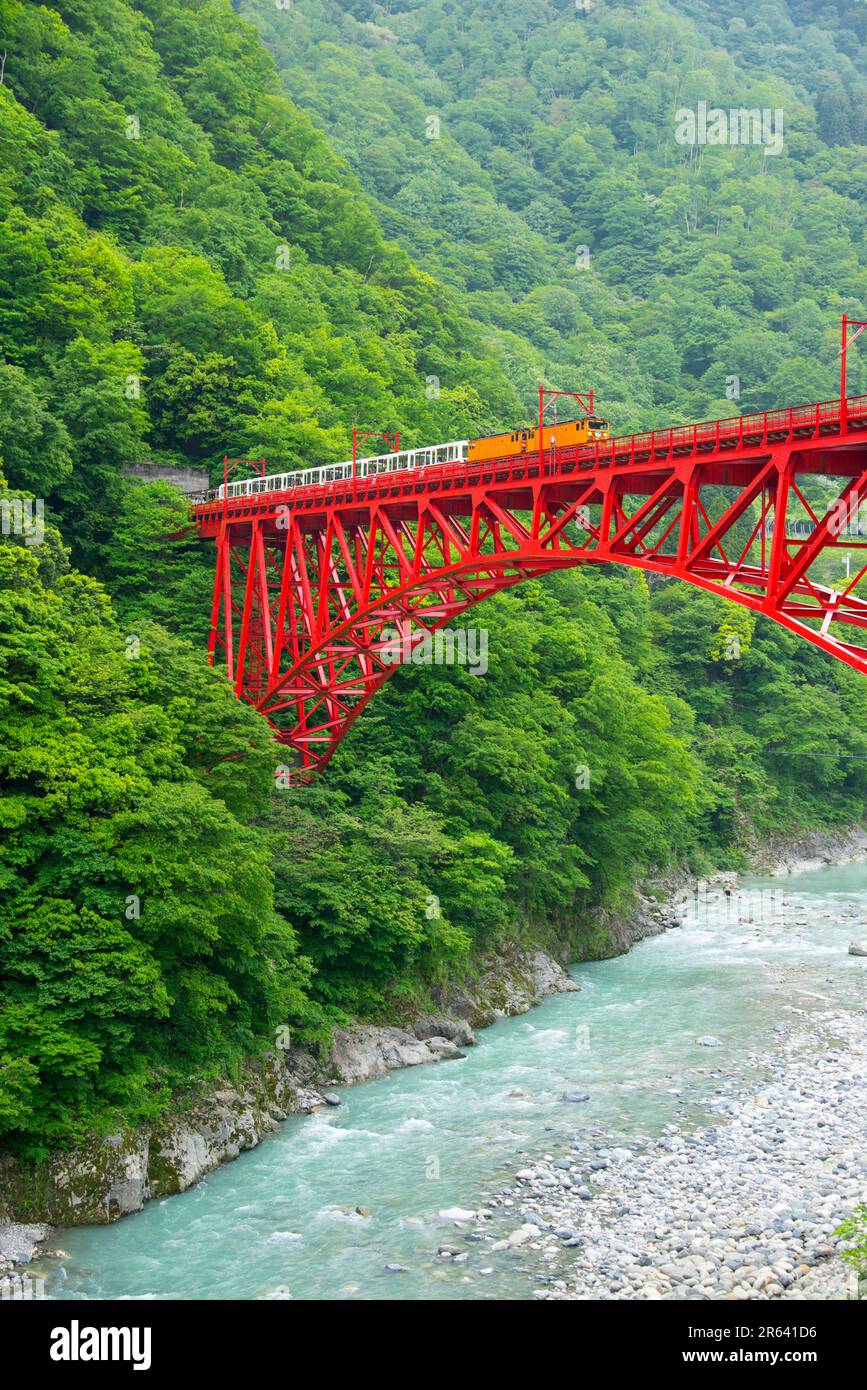 Kurobe Valley trolley car crossing the Shin Yamahiko Bridge Stock Photo ...