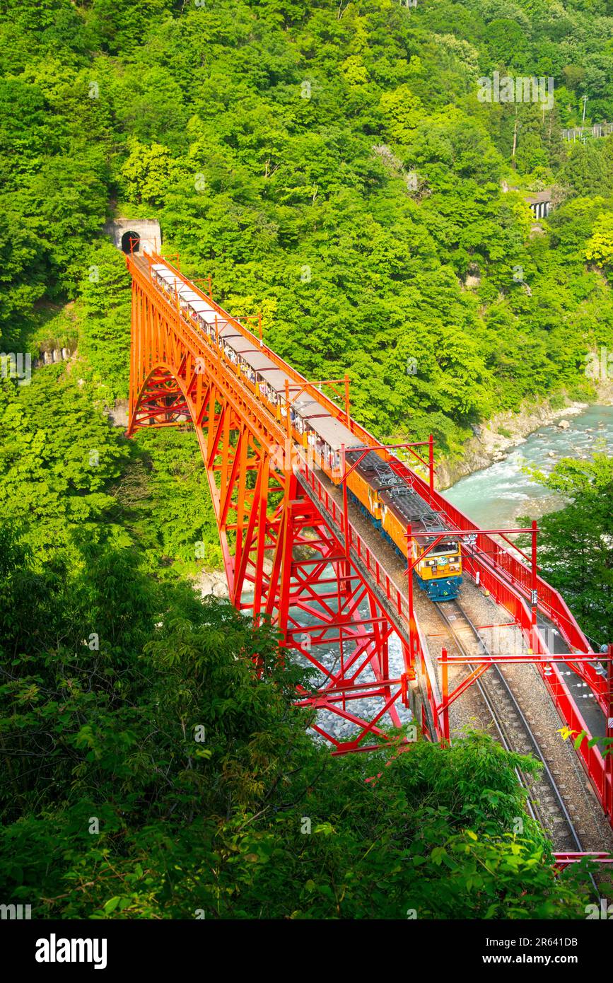 Kurobe Valley trolley car crossing the Shin Yamahiko Bridge Stock Photo ...