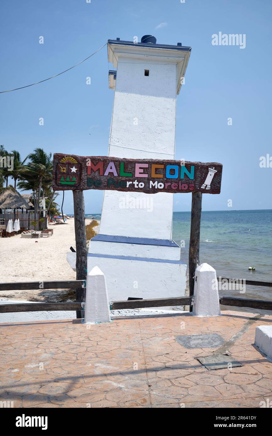 Malecon and Leaning Lighthouse Puerto MorelosYucatan Mexico Stock Photo ...