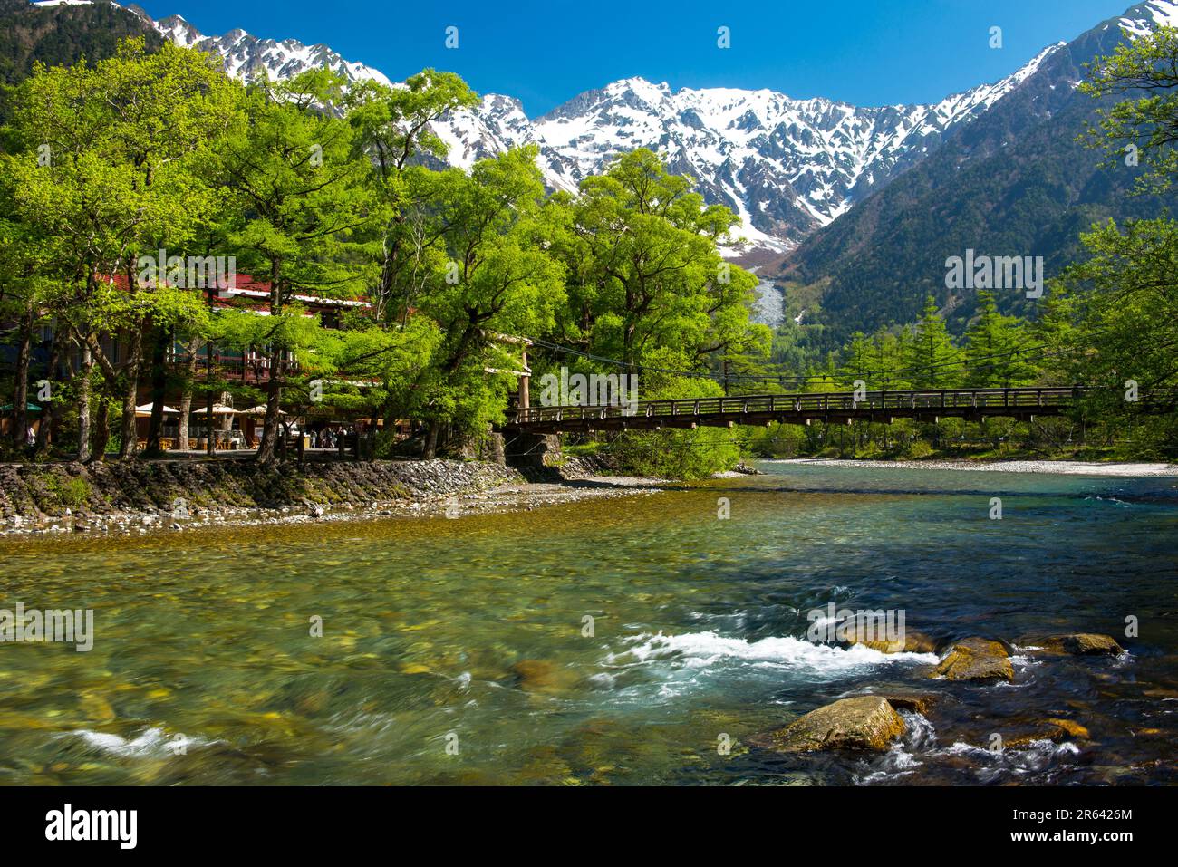 Kappa-bashi Bridge and the Hotaka mountain range Stock Photo - Alamy