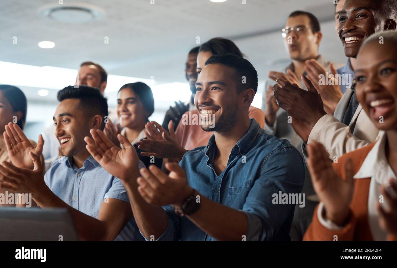 Applause, support and wow with a business team clapping as an audience ...