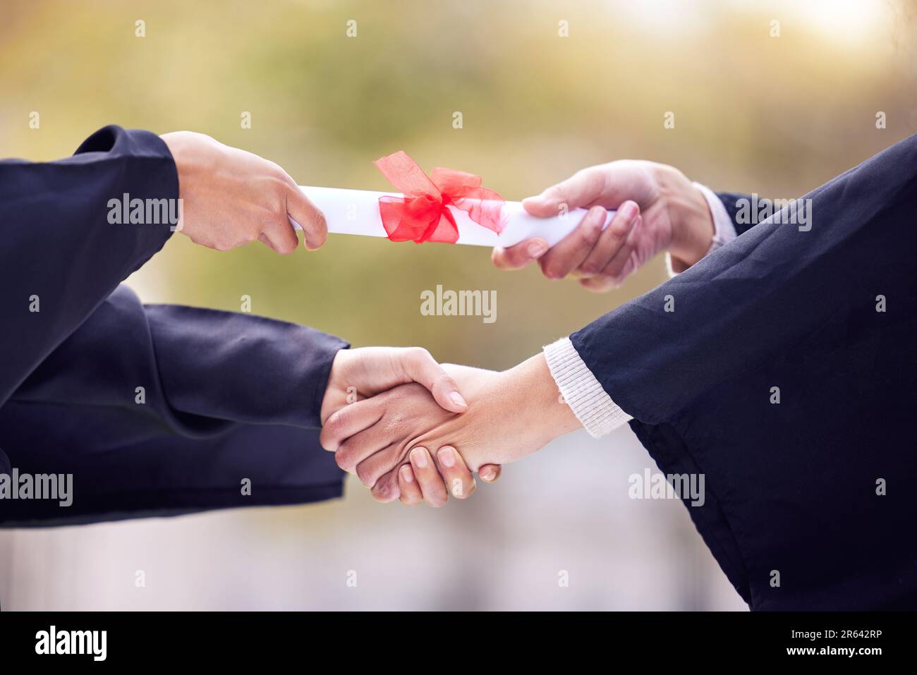 Giving, diploma and people handshake in graduation success ...