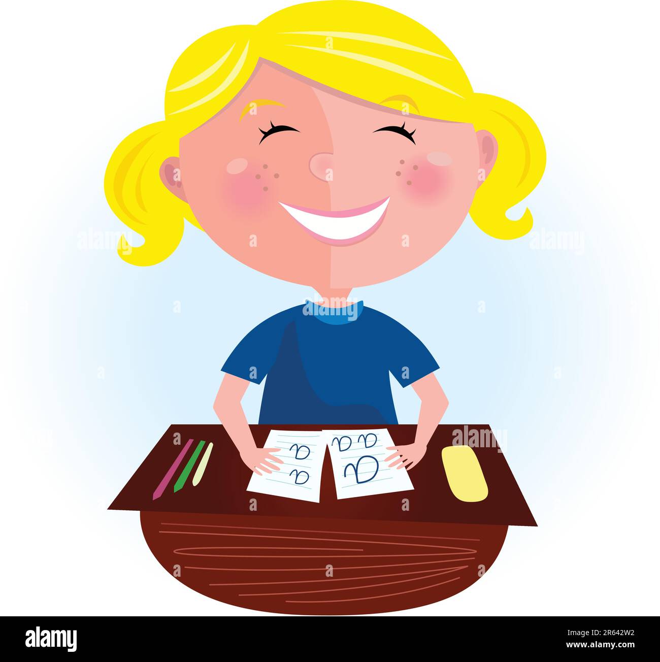 Small pupil sitting in the classroom. Cute girl study hard, but ...