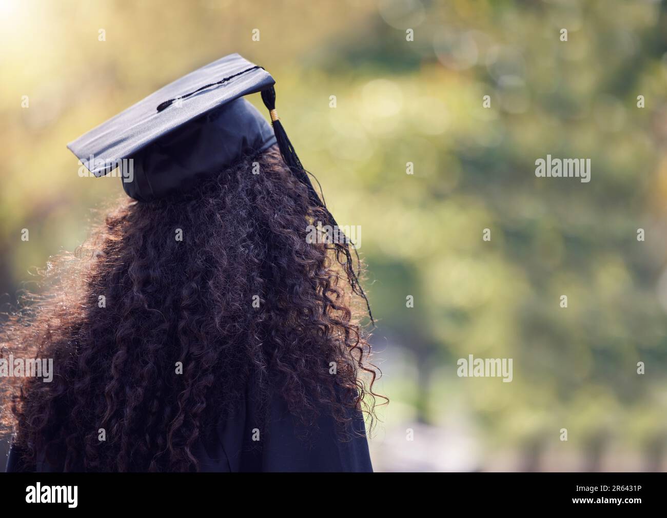 Graduation cap, student back and woman for university, education or ...