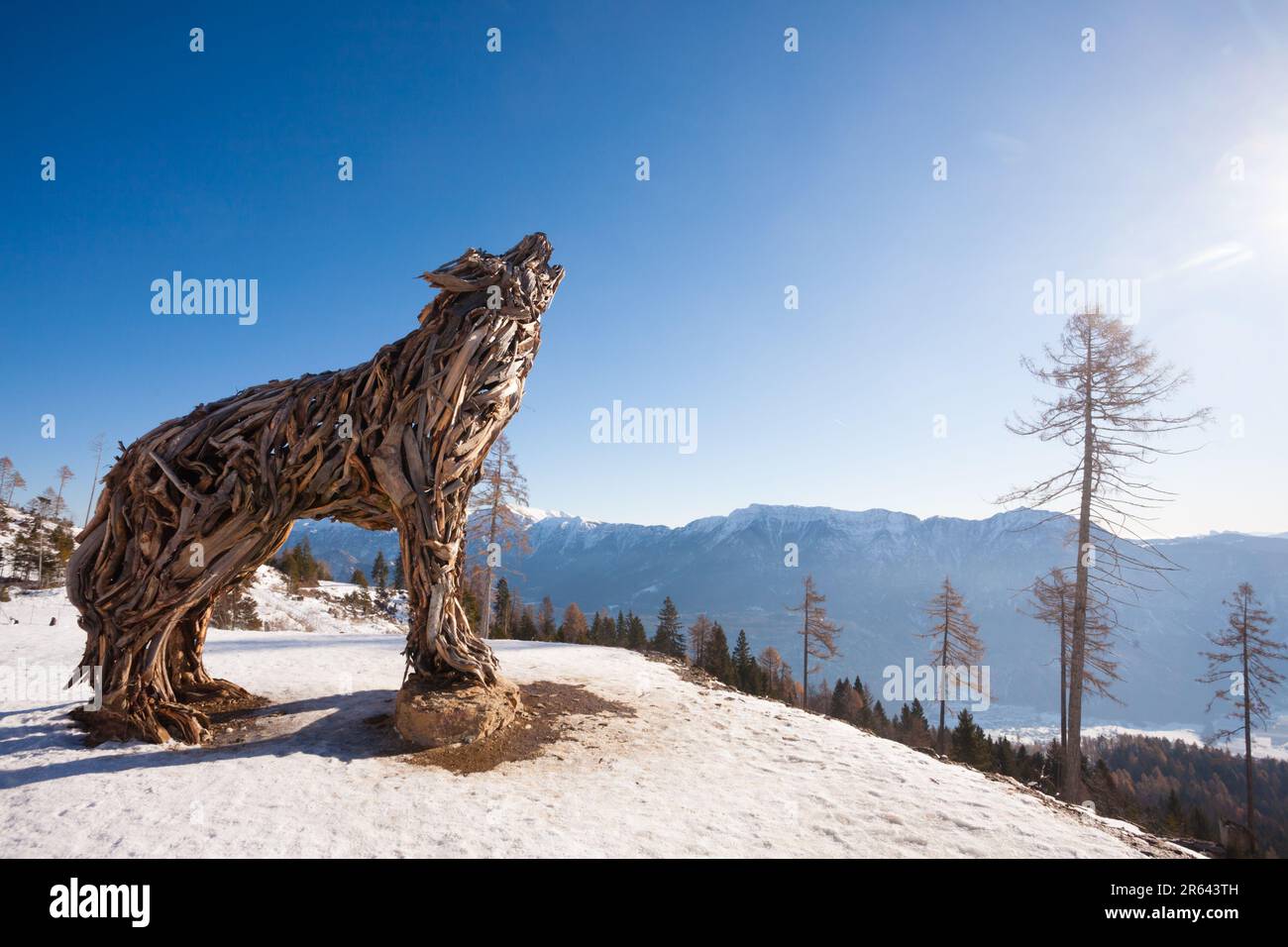 Wooden sculpture of a wolf made of tree branches. Vaia tempest wolf ...