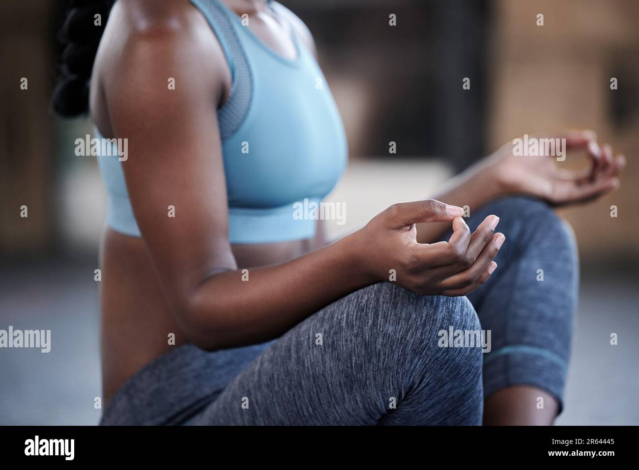 Hands, gym or woman in yoga meditation lotus pose for awareness development or healthy wellness ...