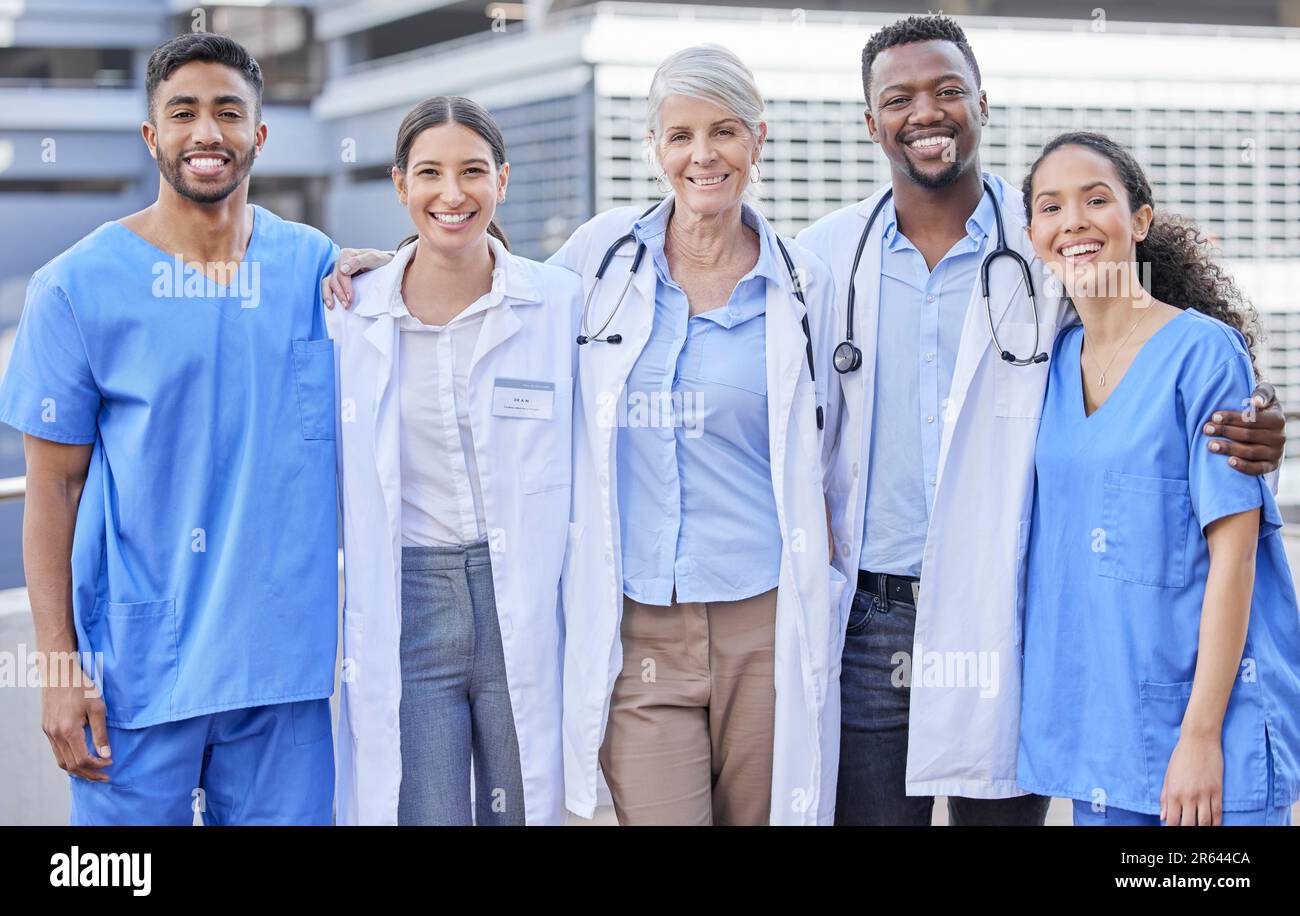 Doctor team, city and hug with diversity and happy nurse from ...