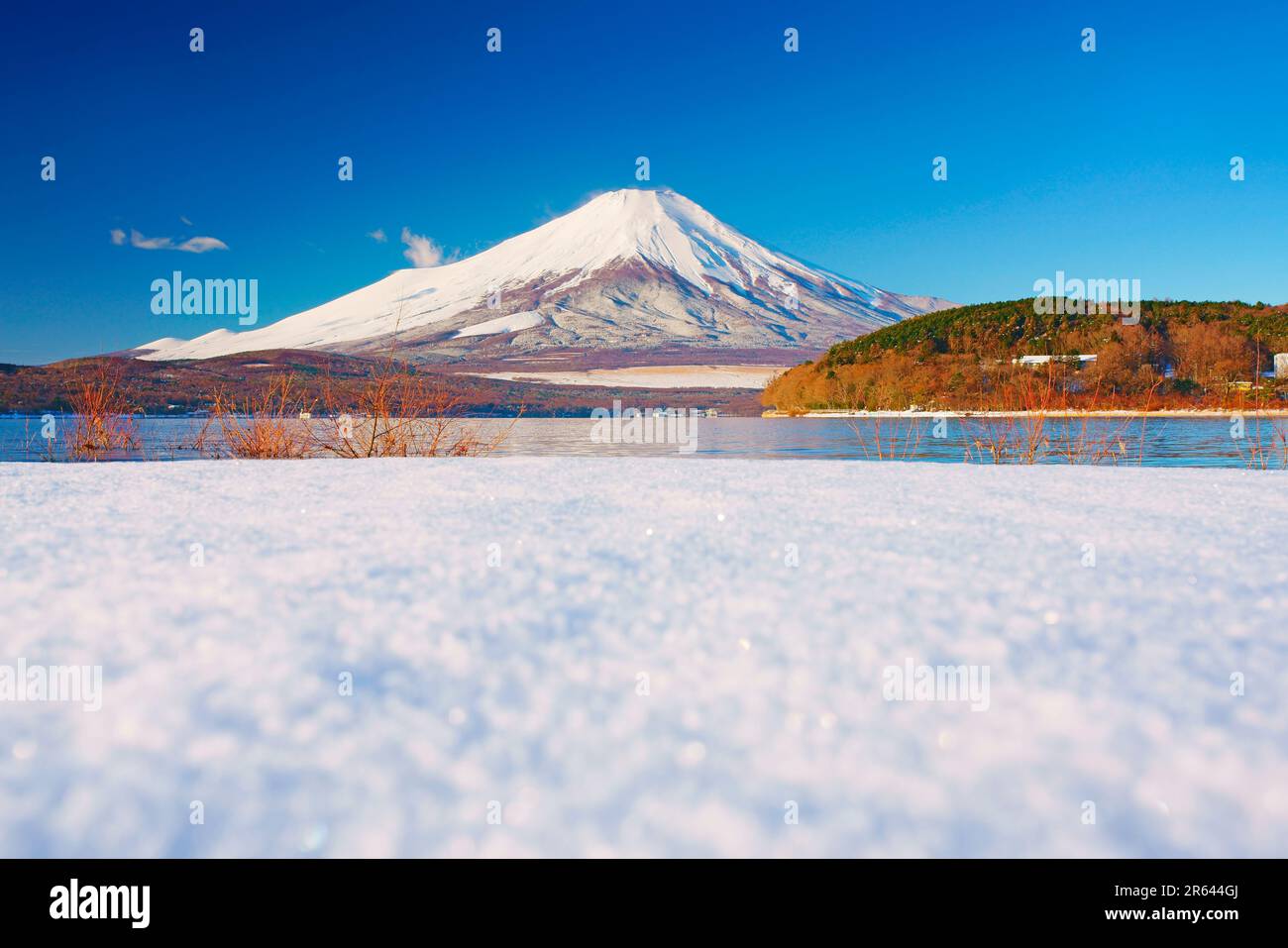 Fuji, snowfield and Lake Yamanakako Stock Photo - Alamy