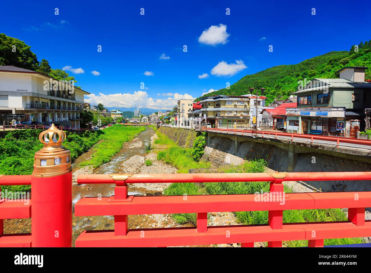 The parapet of the Wago bridge and the Yokoyugawa river in Shibu Onsen ...