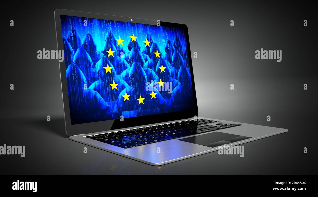European Union - country flag and hackers on laptop screen - cyber ...