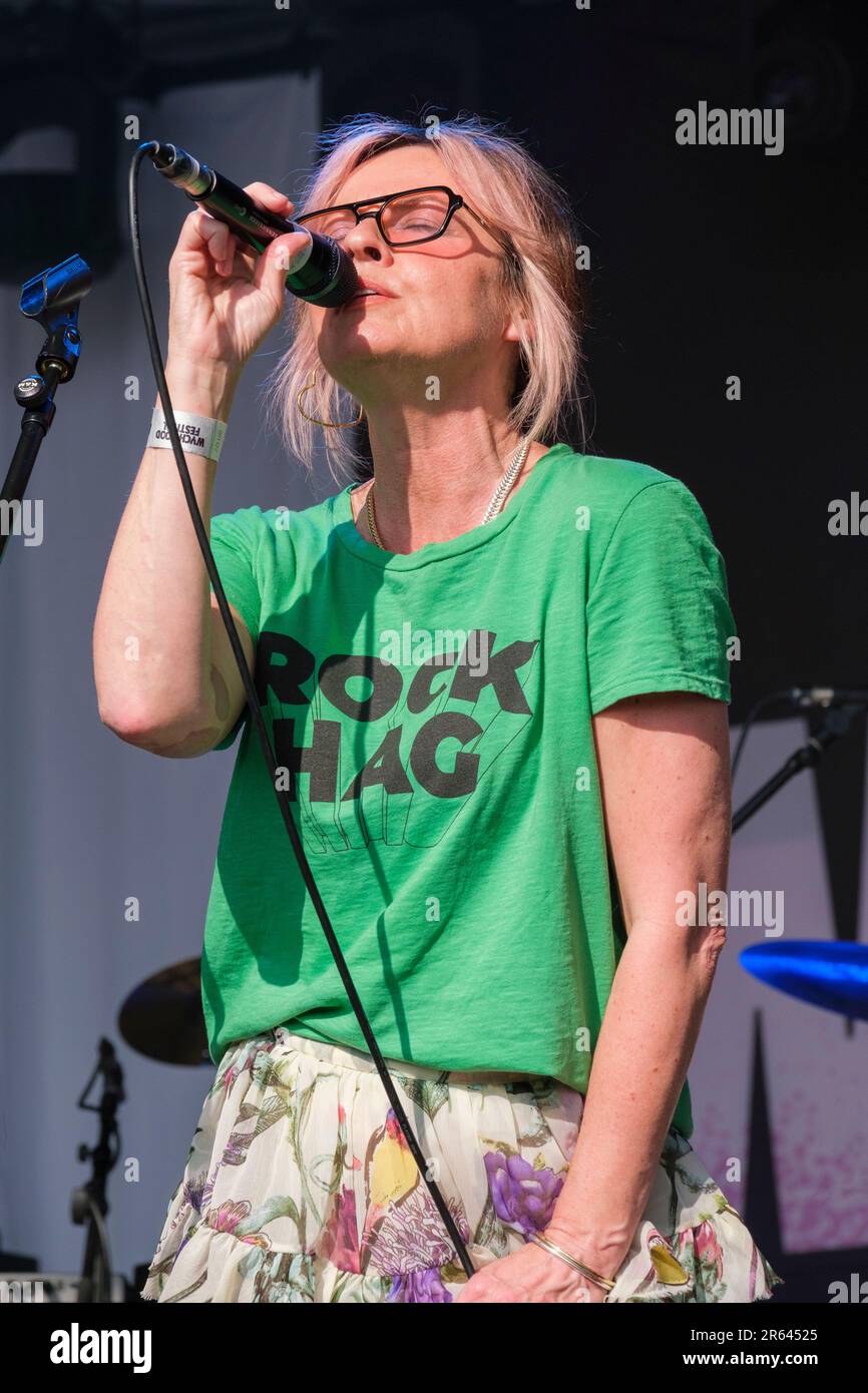 Louise Wener of Sleeper performing at Wychwood Festival, Cheltenham, UK ...