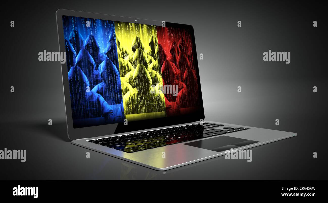 Romania - country flag and hackers on laptop screen - cyber attack ...