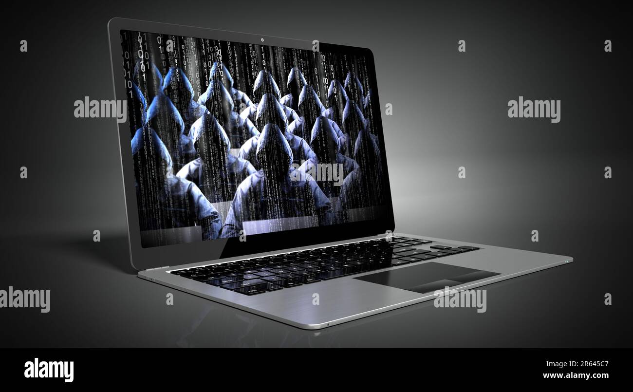 Anonymous hooded hackers on laptop screen - cyber attack concept Stock ...