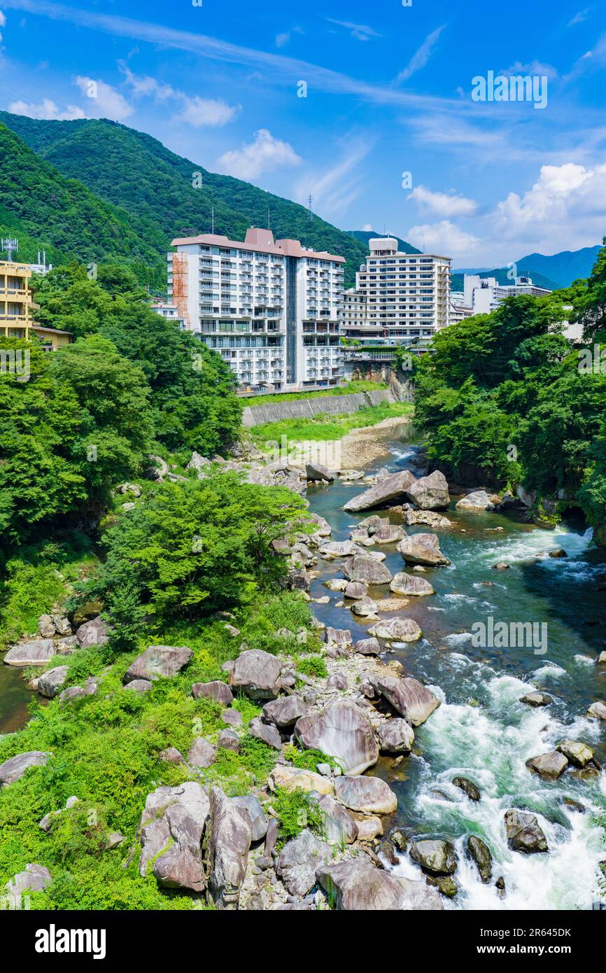 The Kinugawa ravine in Kinugawa hot spring and the resort area Stock ...