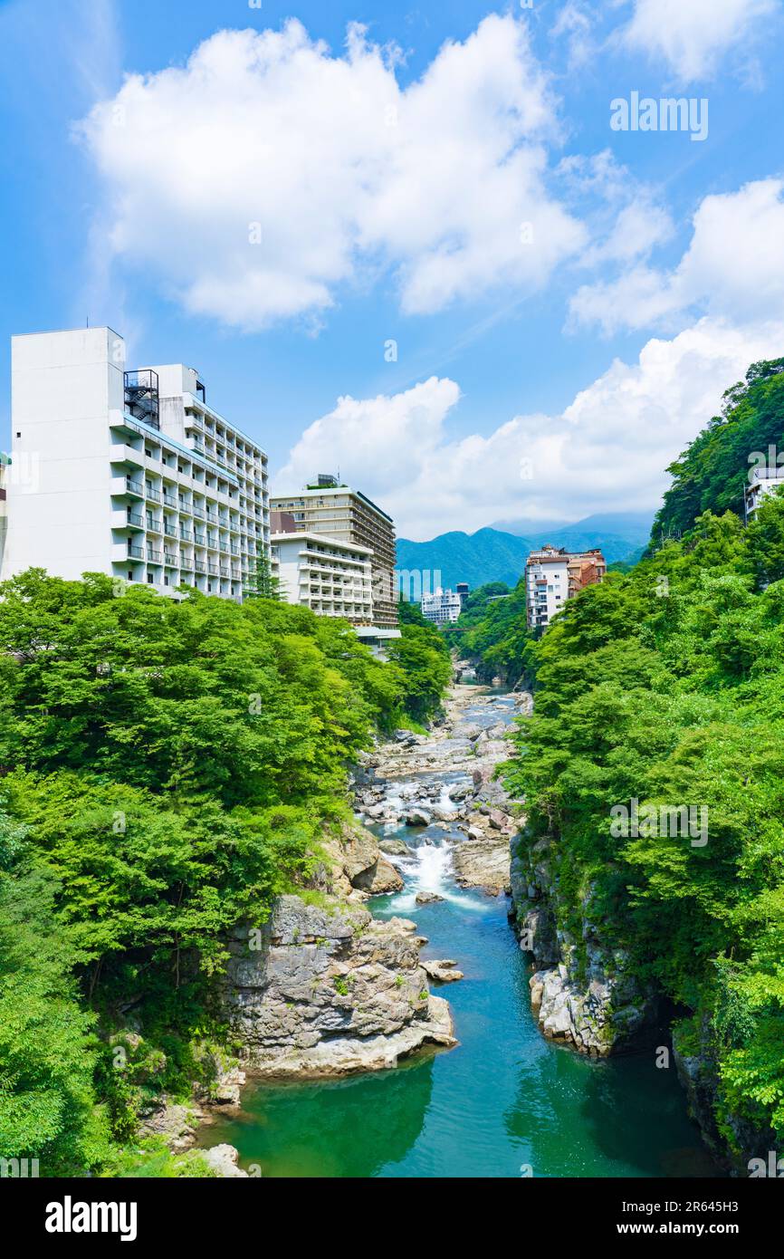 The Kinugawa ravine in Kinugawa hot spring and the resort area Stock ...