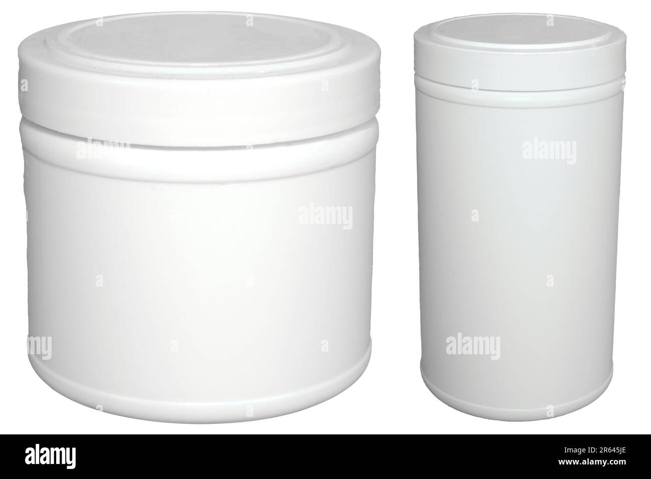 White plastic containers. Big and small empty vessels without ...