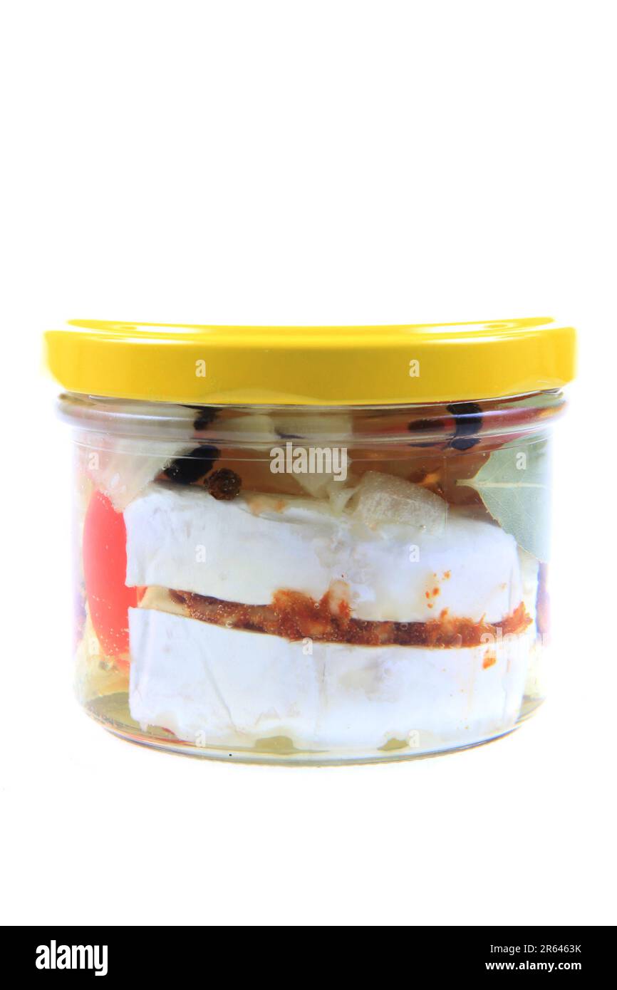 czech pickled cheese in oil isolated on the white background Stock ...