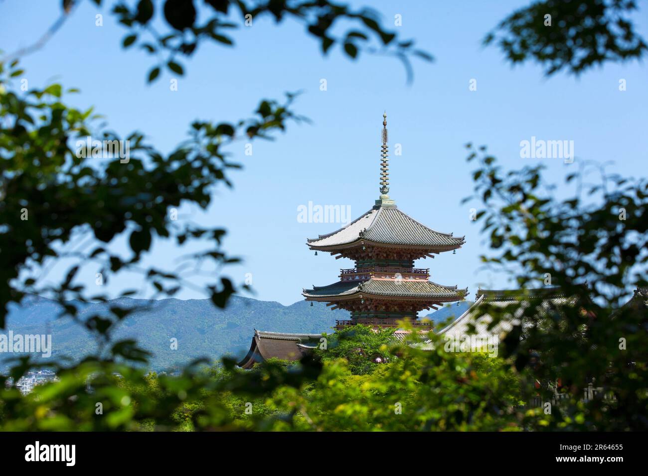 Three-storied Pagoda of Kiyomizu-dera Temple in fresh green Stock Photo ...