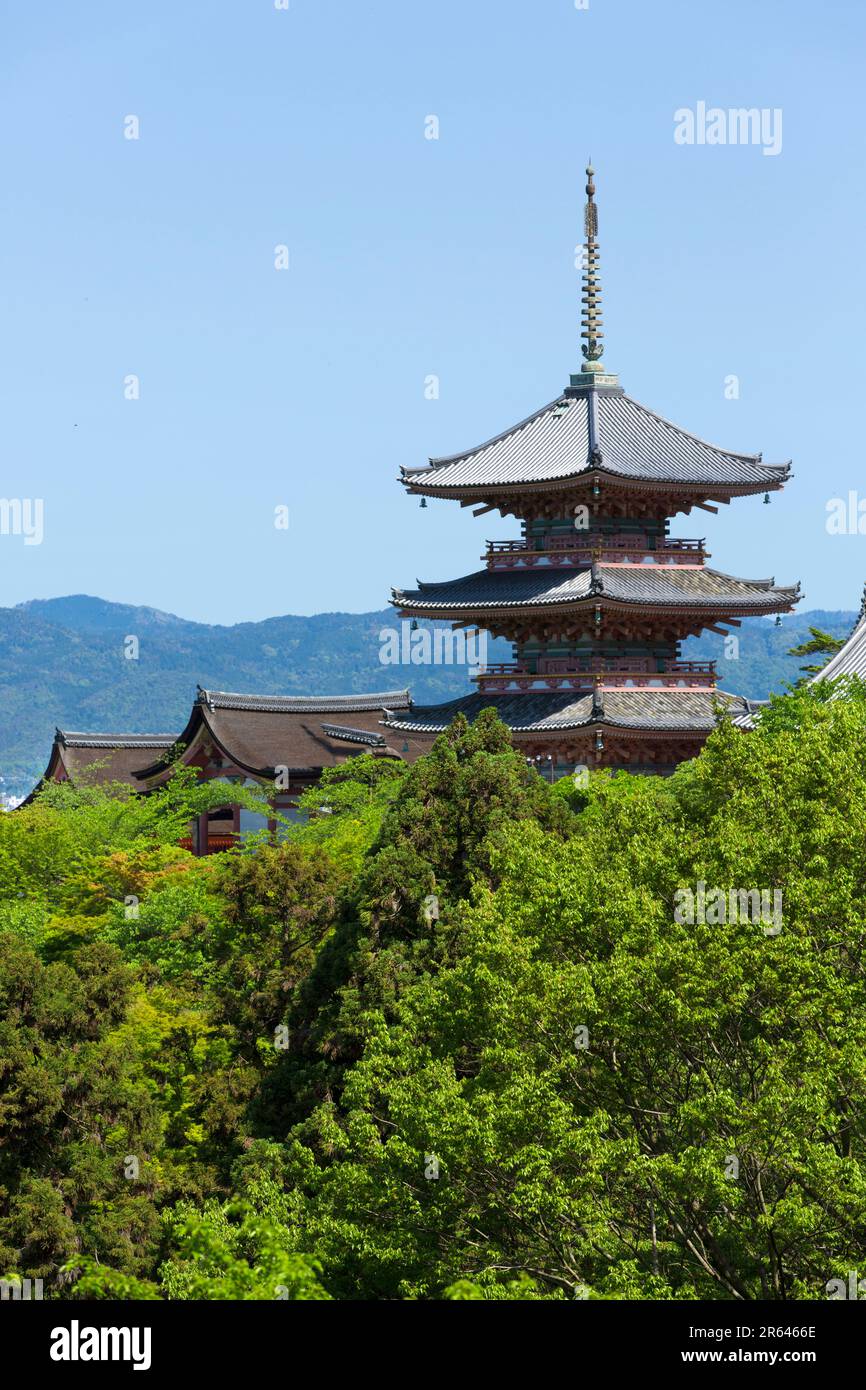 Three-storied Pagoda of Kiyomizu-dera Temple in fresh green Stock Photo ...