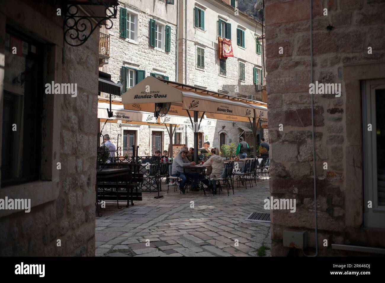 Montenegro, Apr 12, 2023: An outdoor restaurant at the Milk Square ...