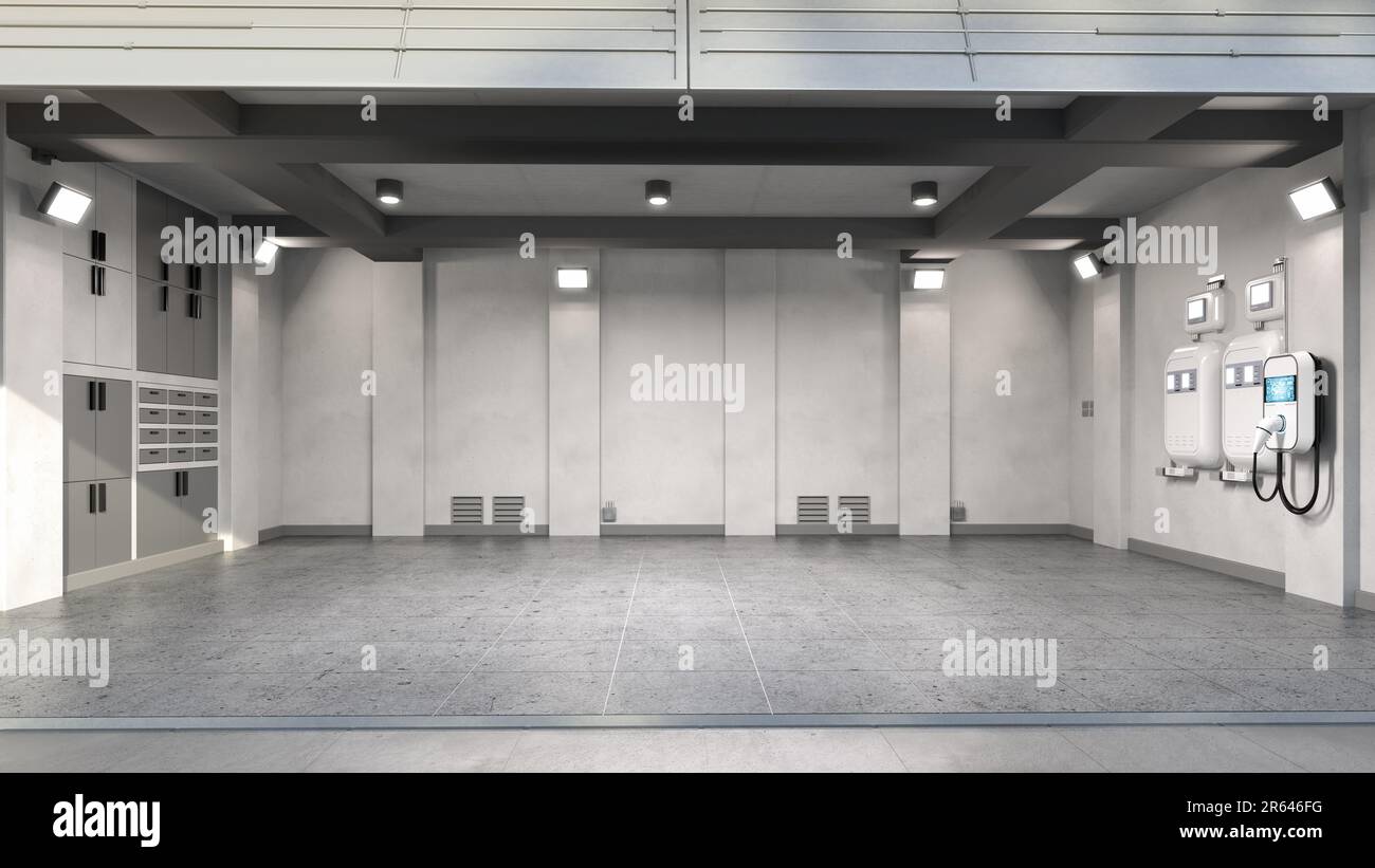 3d rendering interior home garage with ev charger Stock Photo - Alamy