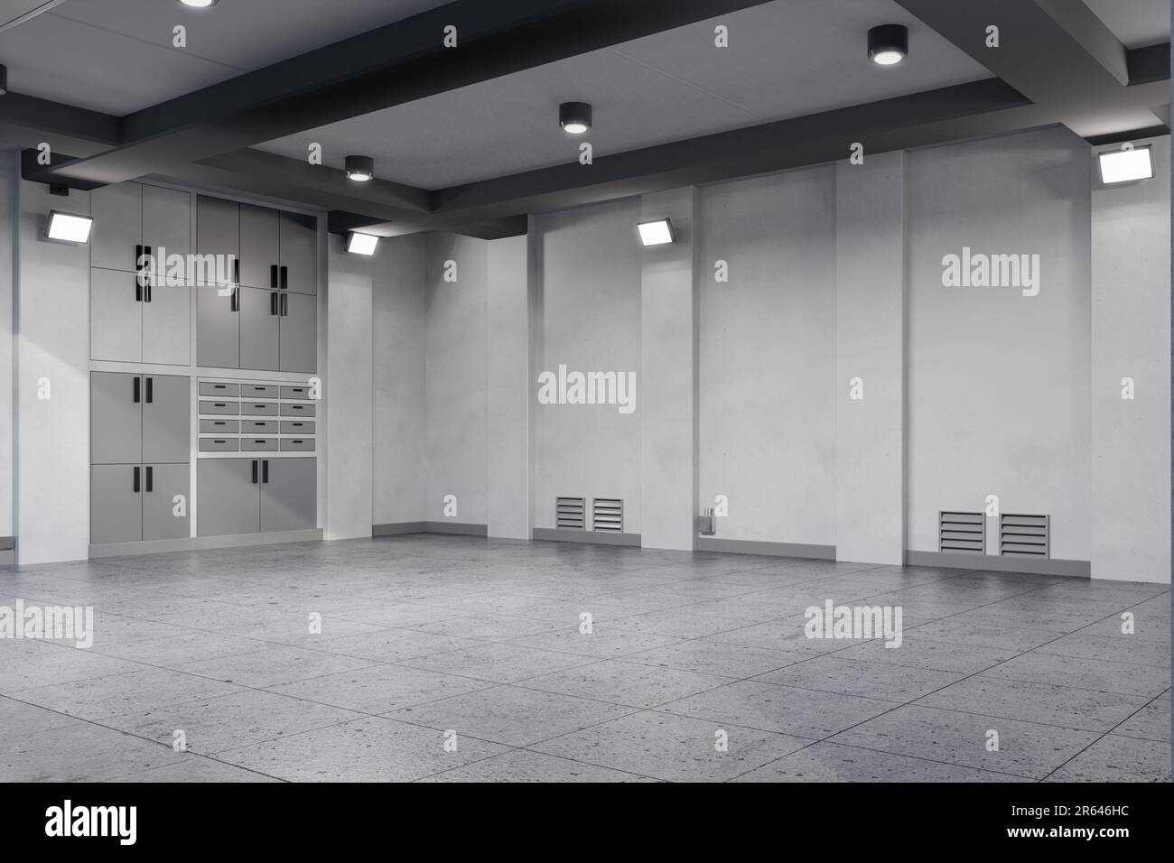 3d rendering empty home garage with cabinet and lights Stock Photo - Alamy