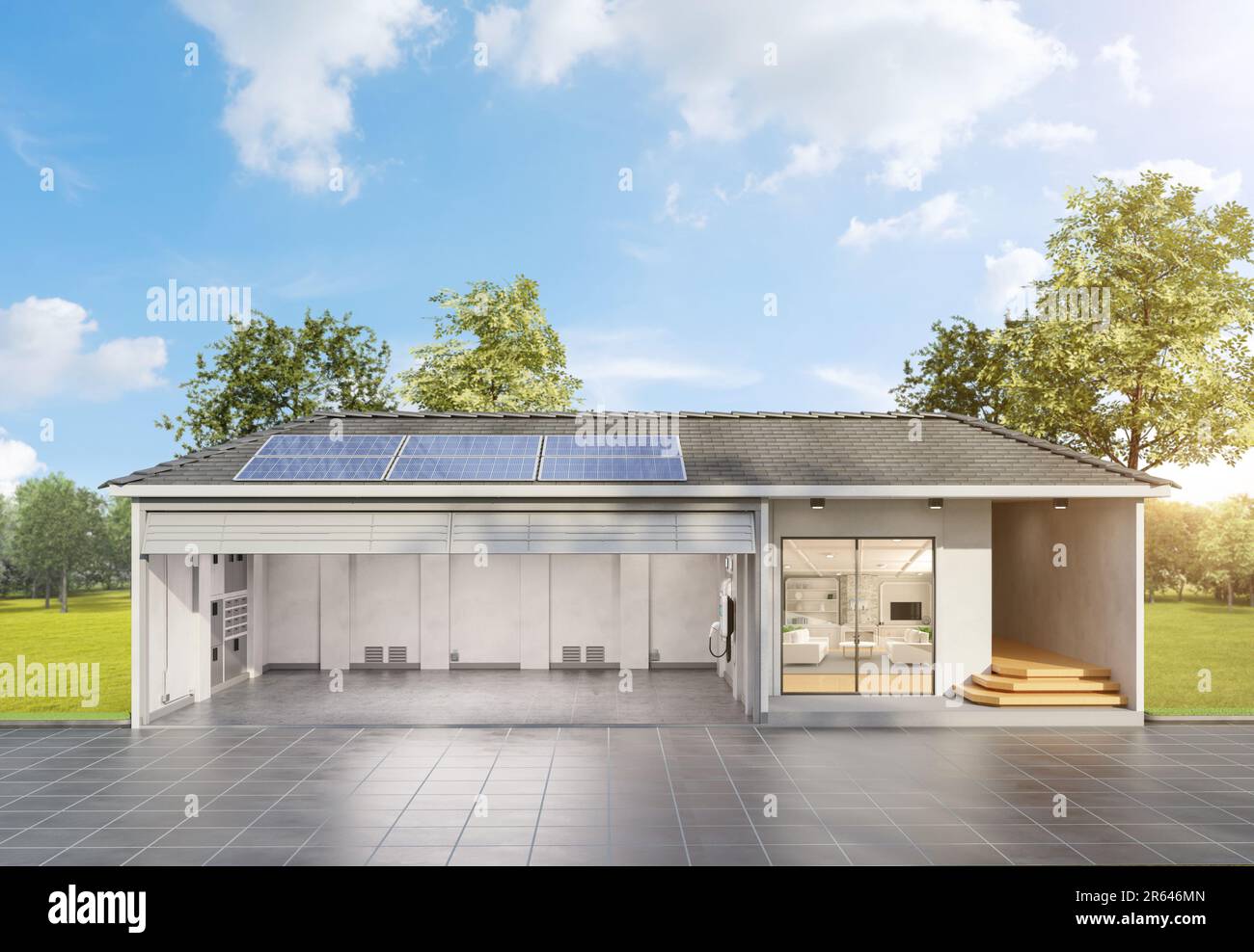3d rendering solar panel on roof generate electricity for home garage ...