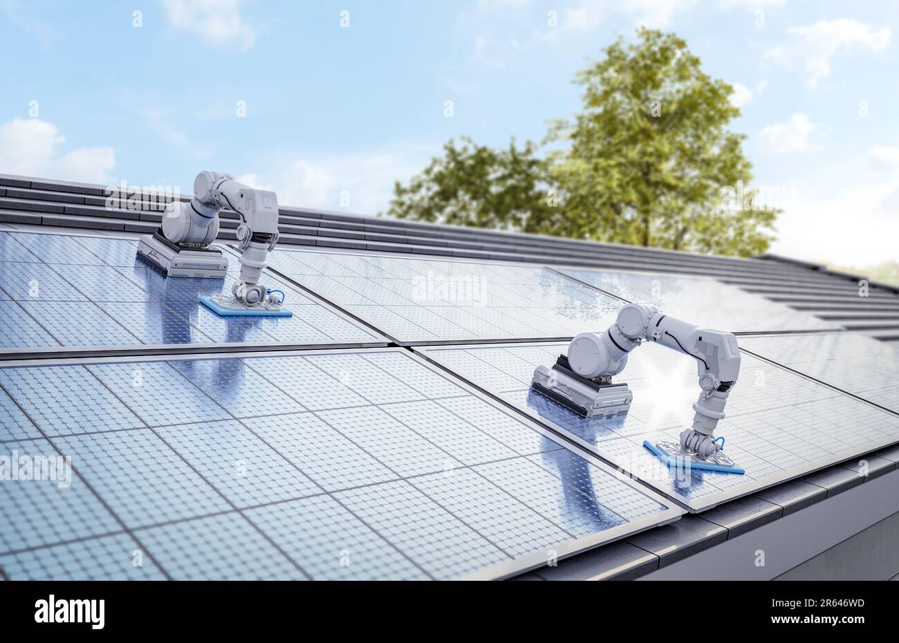 3d rendering automation robotic arms clean windows outside building ...