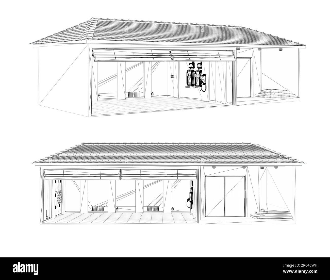 3d rendering outline home garage model with ev charger on white ...