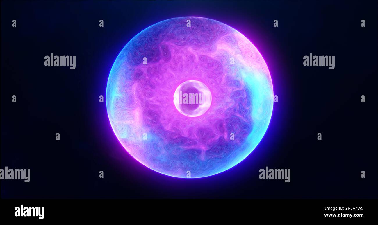 Blue purple energy sphere with glowing bright particles, atom with ...