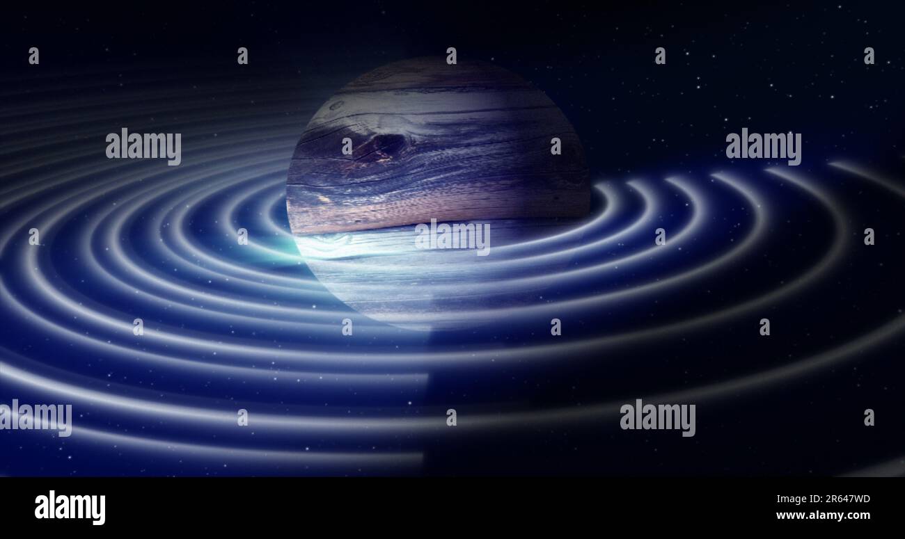 Abstract blue space planet with a round asteroid belt ring futuristic ...