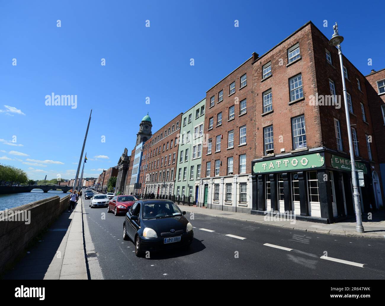 Beautiful buildings along Arran Quay by the Liffey River in Dublin ...