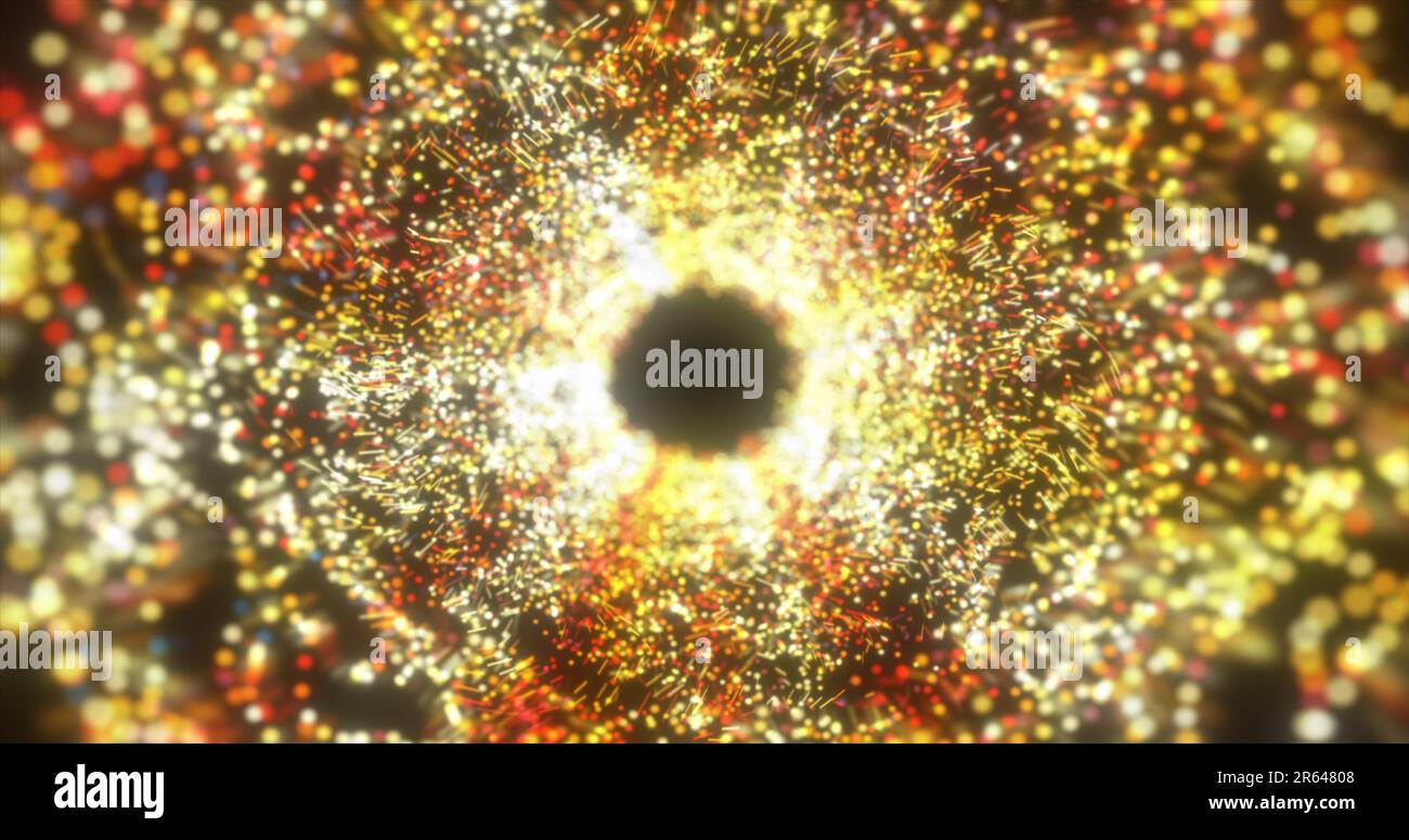 Abstract yellow energy tunnel made of particles and a grid of high-tech ...