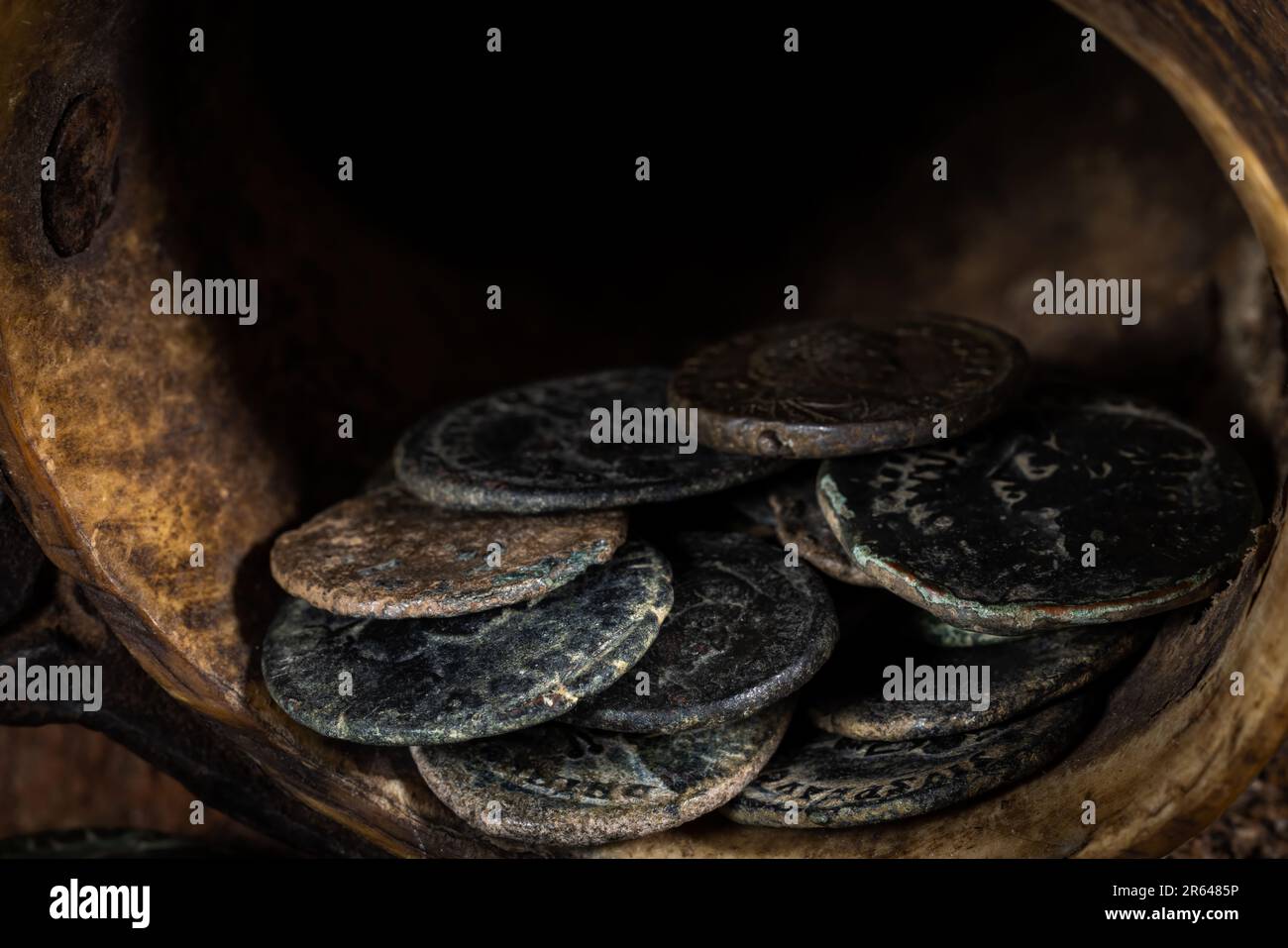 A closeup of ancient Roman coins inside a cornucopia Stock Photo - Alamy
