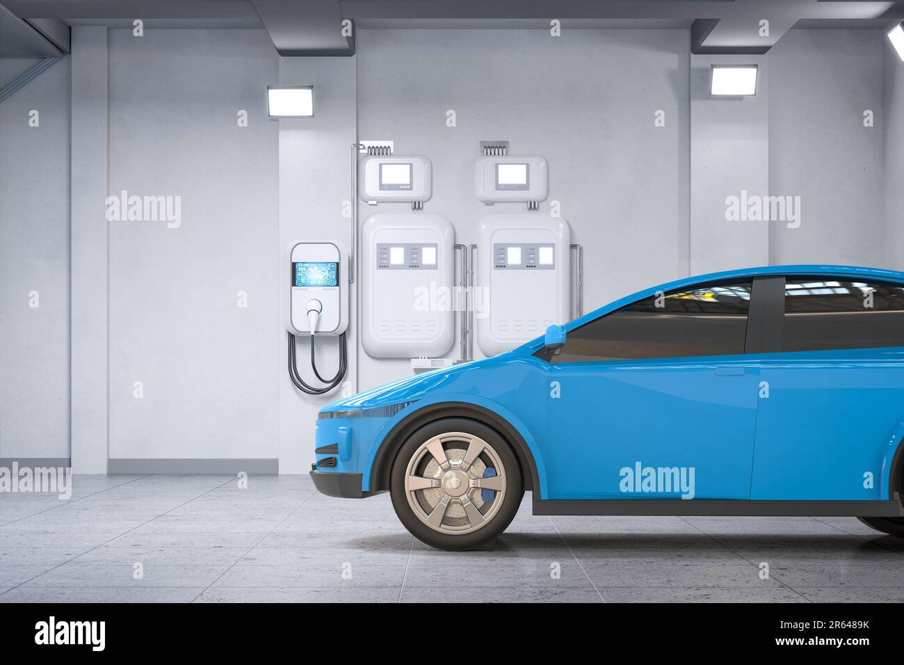 3d rendering interior home garage with ev charger Stock Photo - Alamy