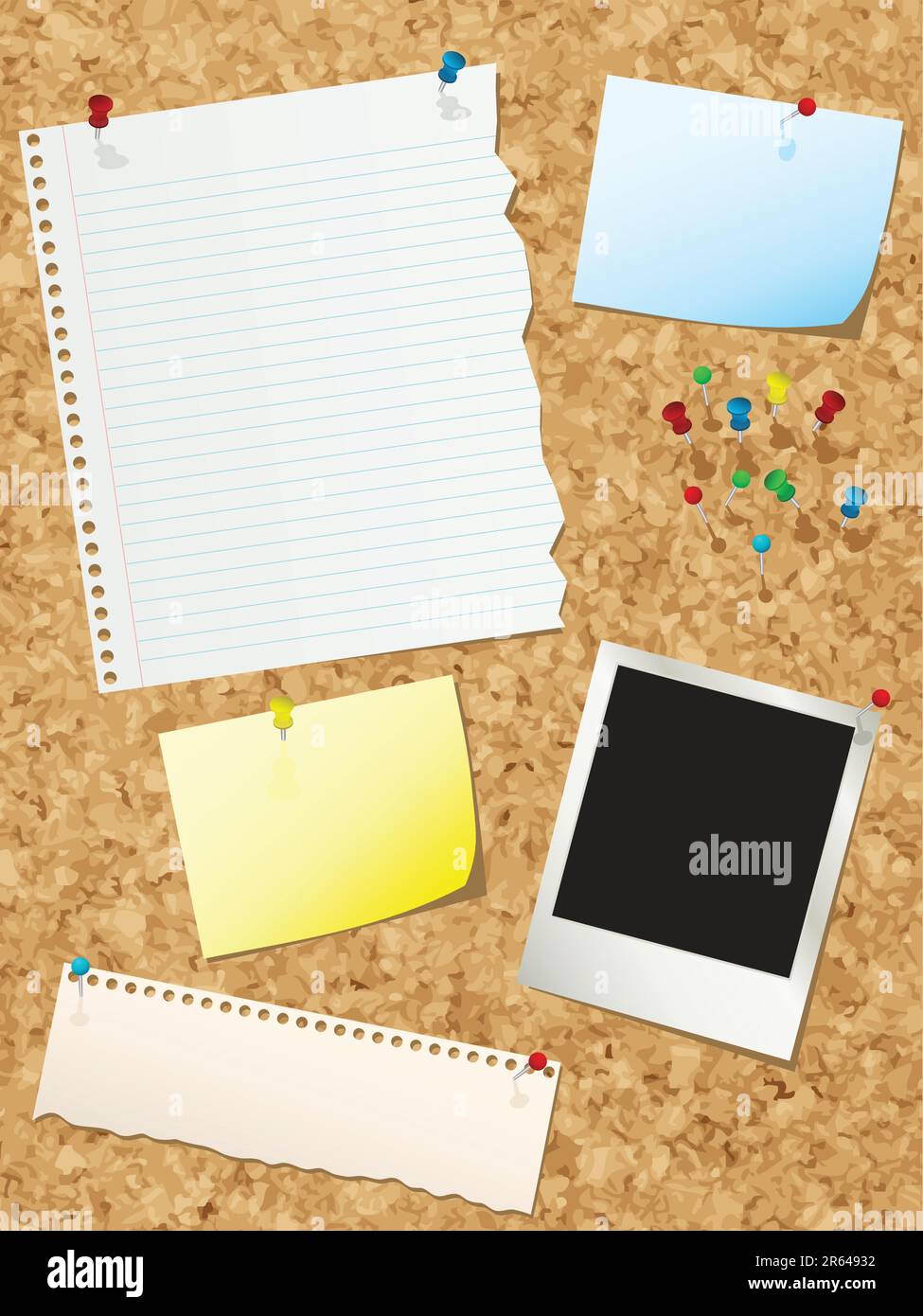 Cork noticeboard with various bits of paper and push pins Stock Vector ...