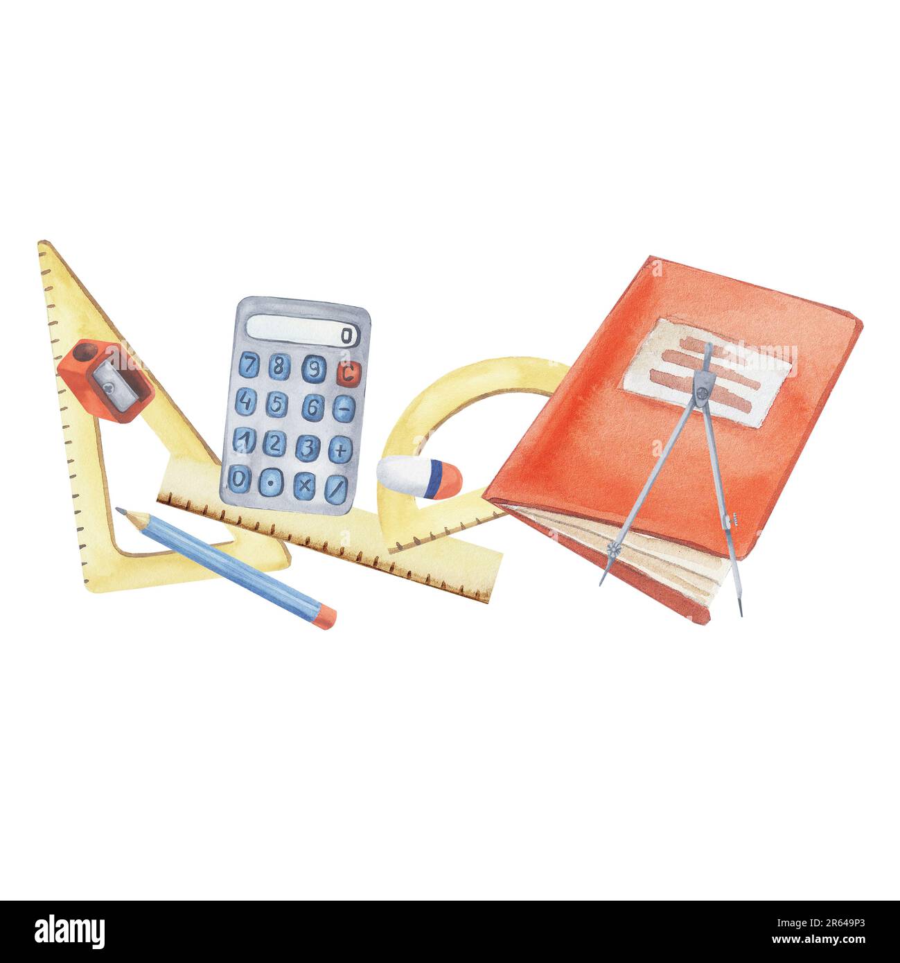 A set of school items: a ruler, a pencil, a compass, an eraser, a ...