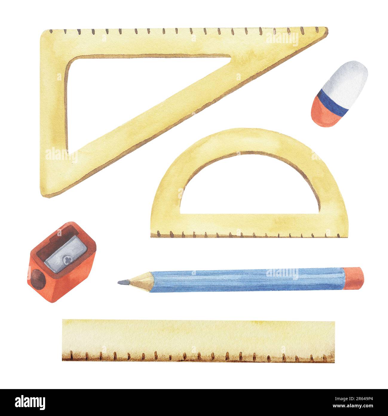A set of school items: a ruler, a pencil, a compass, an eraser, a ...
