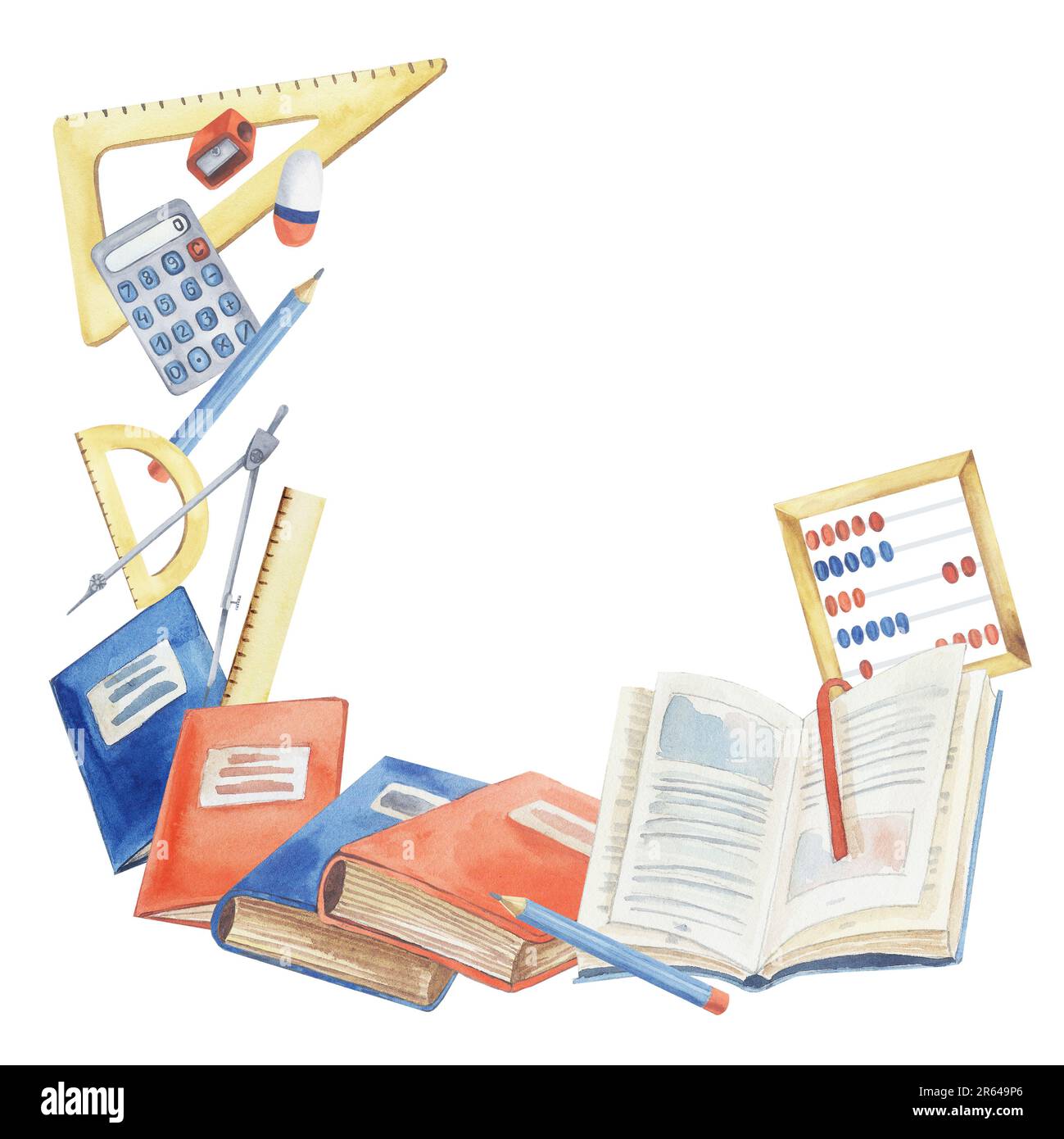 A set of school items: a ruler, a pencil, a compass, an eraser, a ...