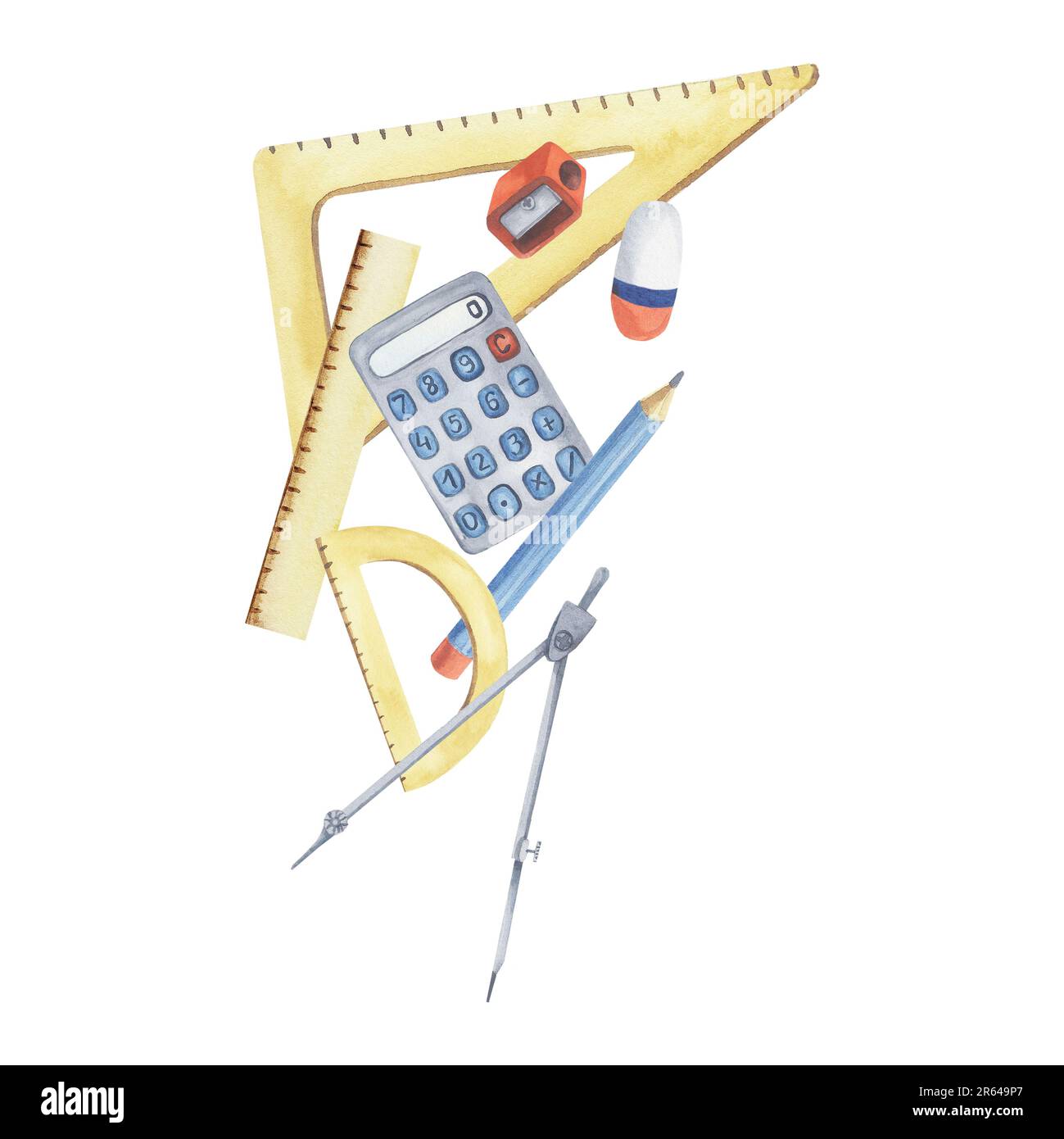 A set of school items: a ruler, a pencil, a compass, an eraser, a ...