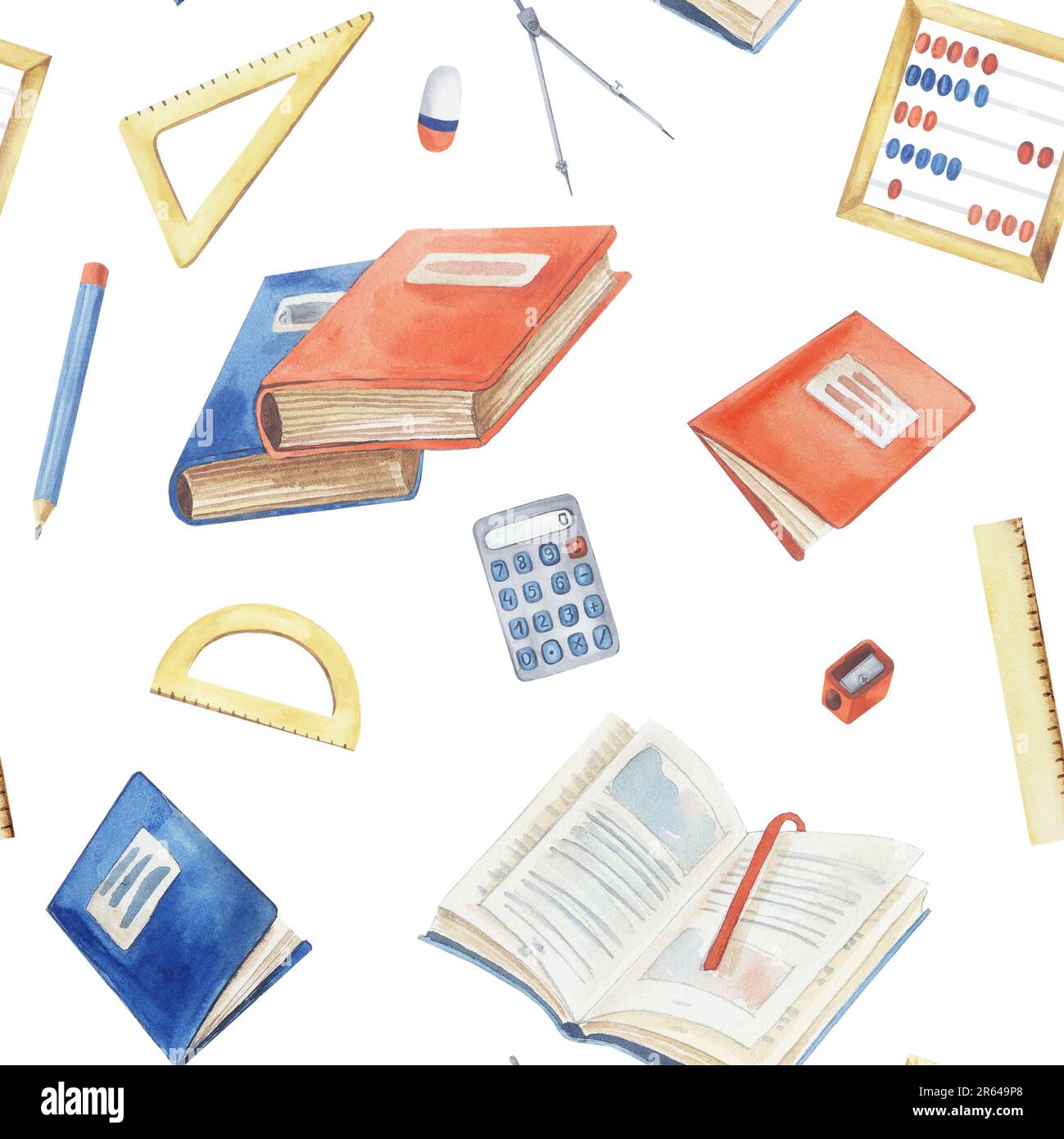 Pattern of school items: a ruler, a pencil, a compass, an eraser, a ...