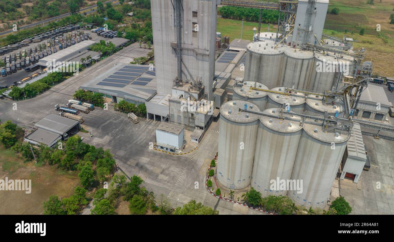 Aerial view of animal feed factory. Agricultural silos, grain storage ...