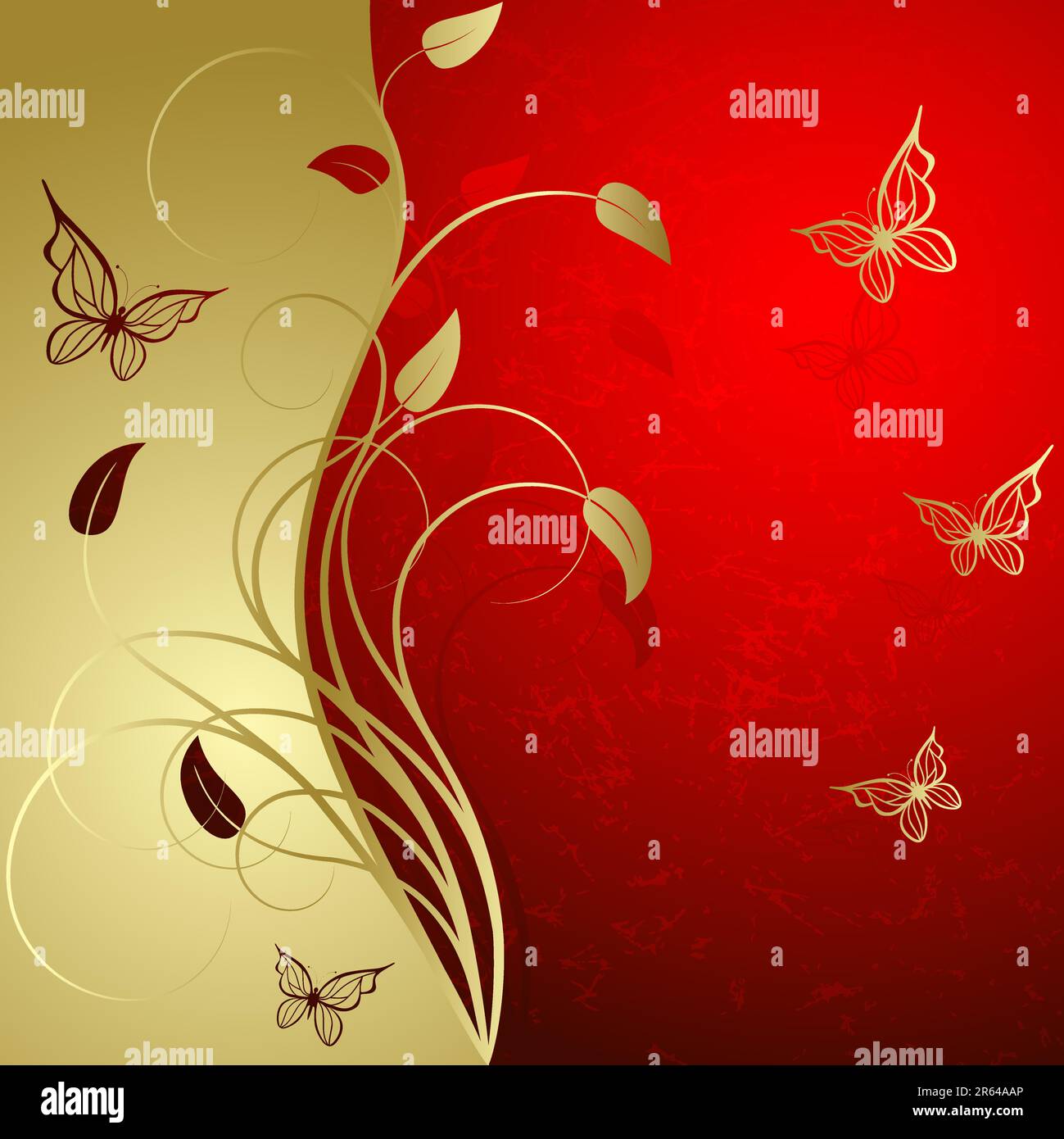 Red background with elegance gold plant and butterflies Stock Vector ...