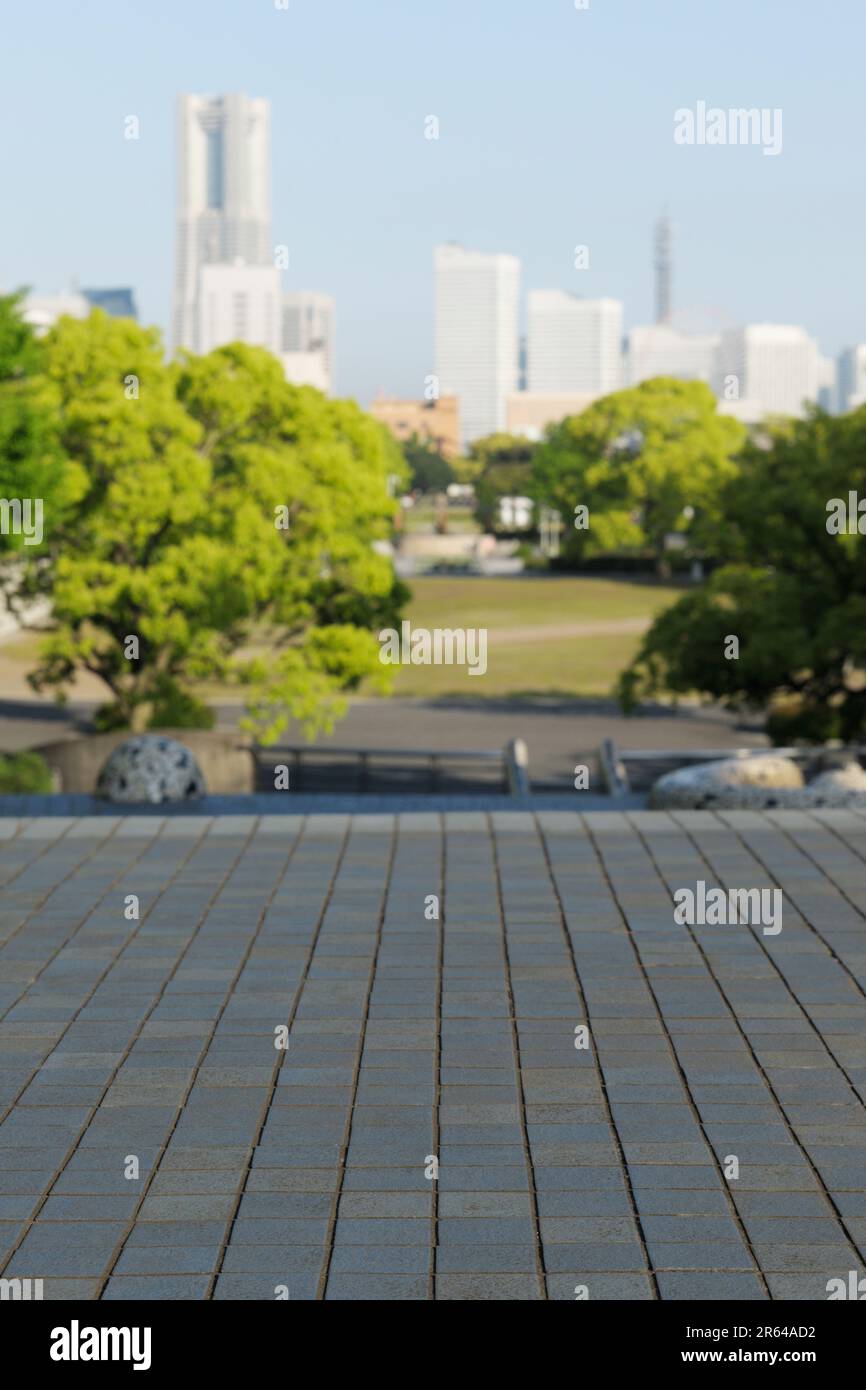 Cobblestone walkway in Yamashita Park and buildings in Minatomirai ...